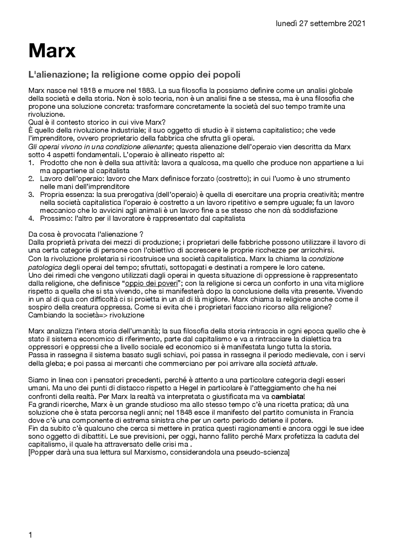 Appunti Sintetici Su Marx Docsity