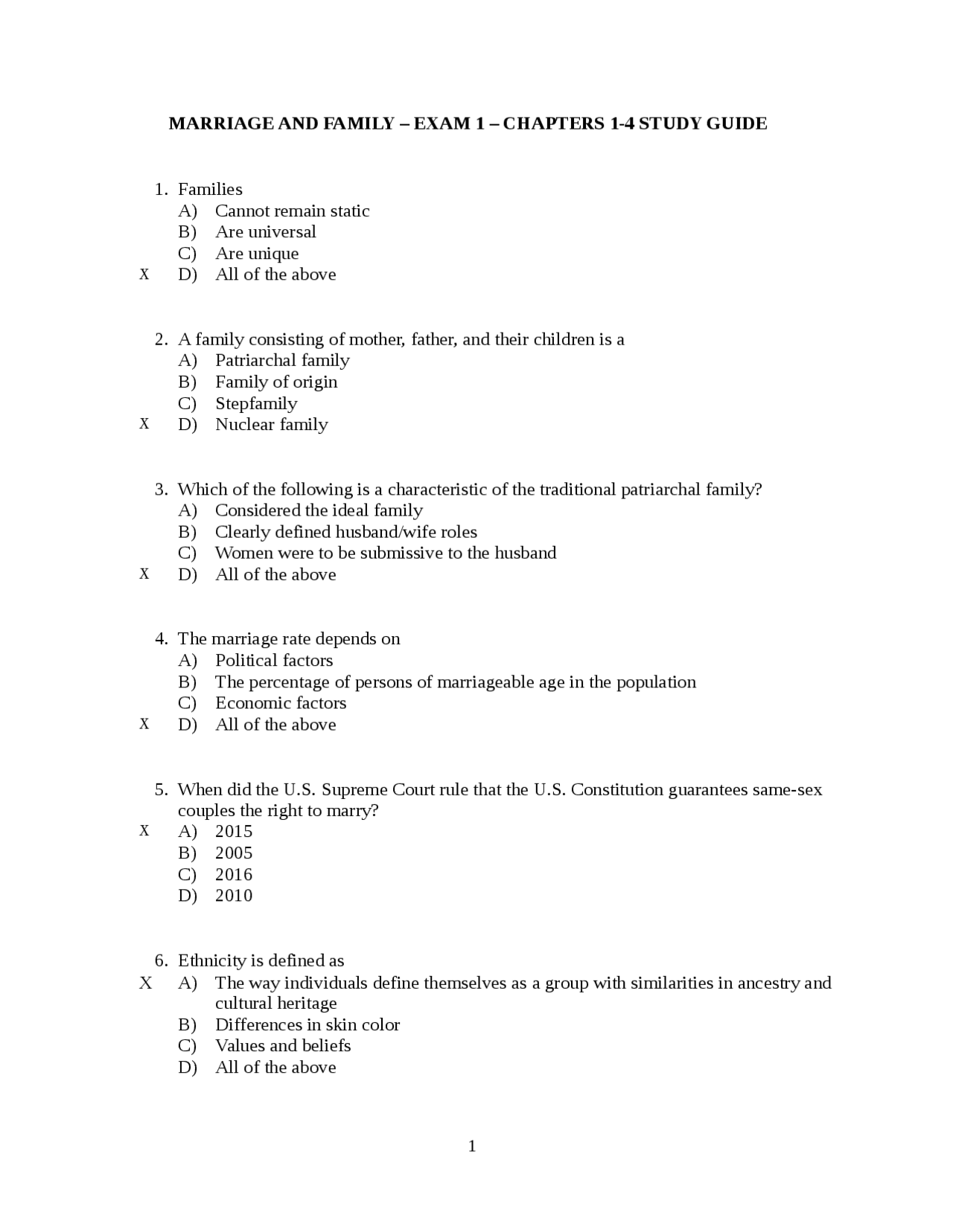 MARRIAGE AND FAMILY - Exam 1 - Student Study Guide | Exams Health ...