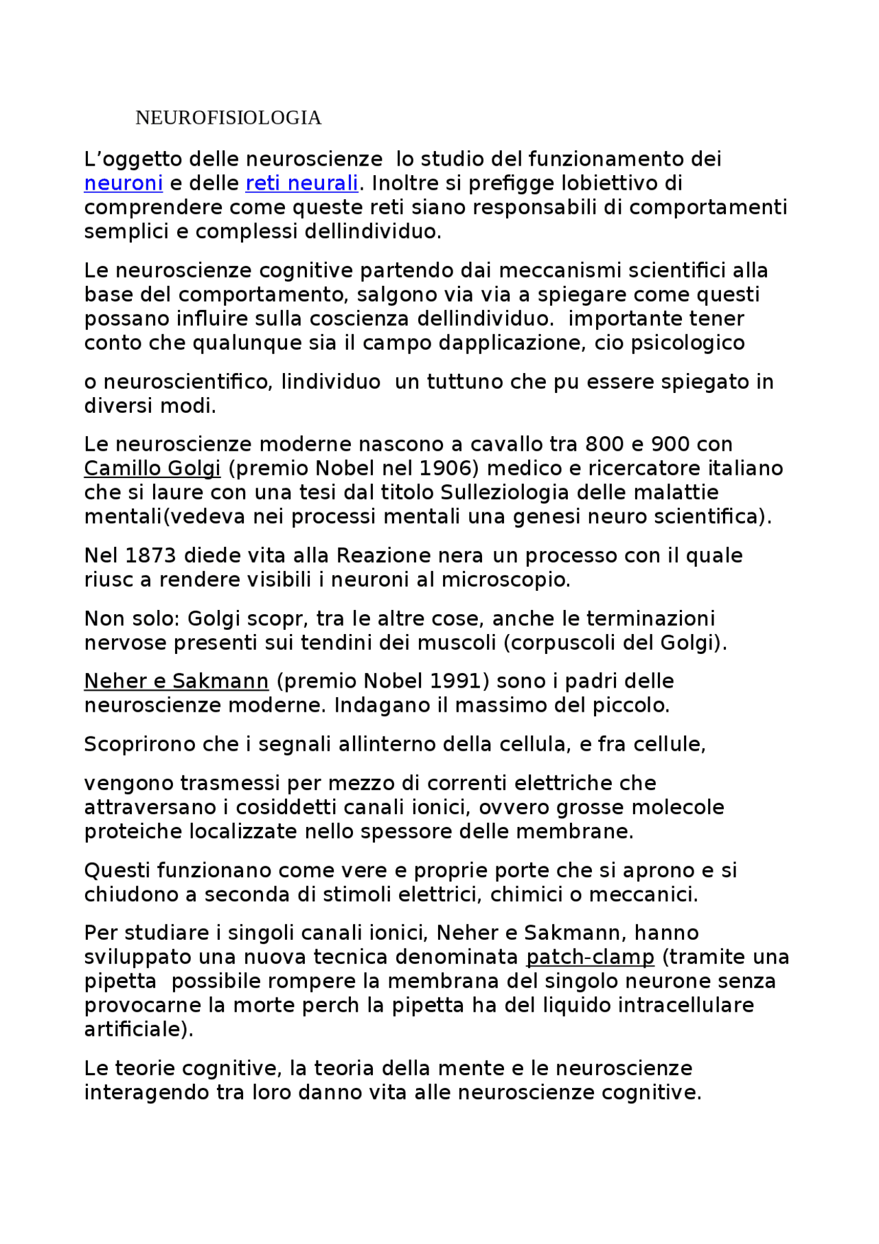 Riassunto slide Neurofisiologia - Docsity