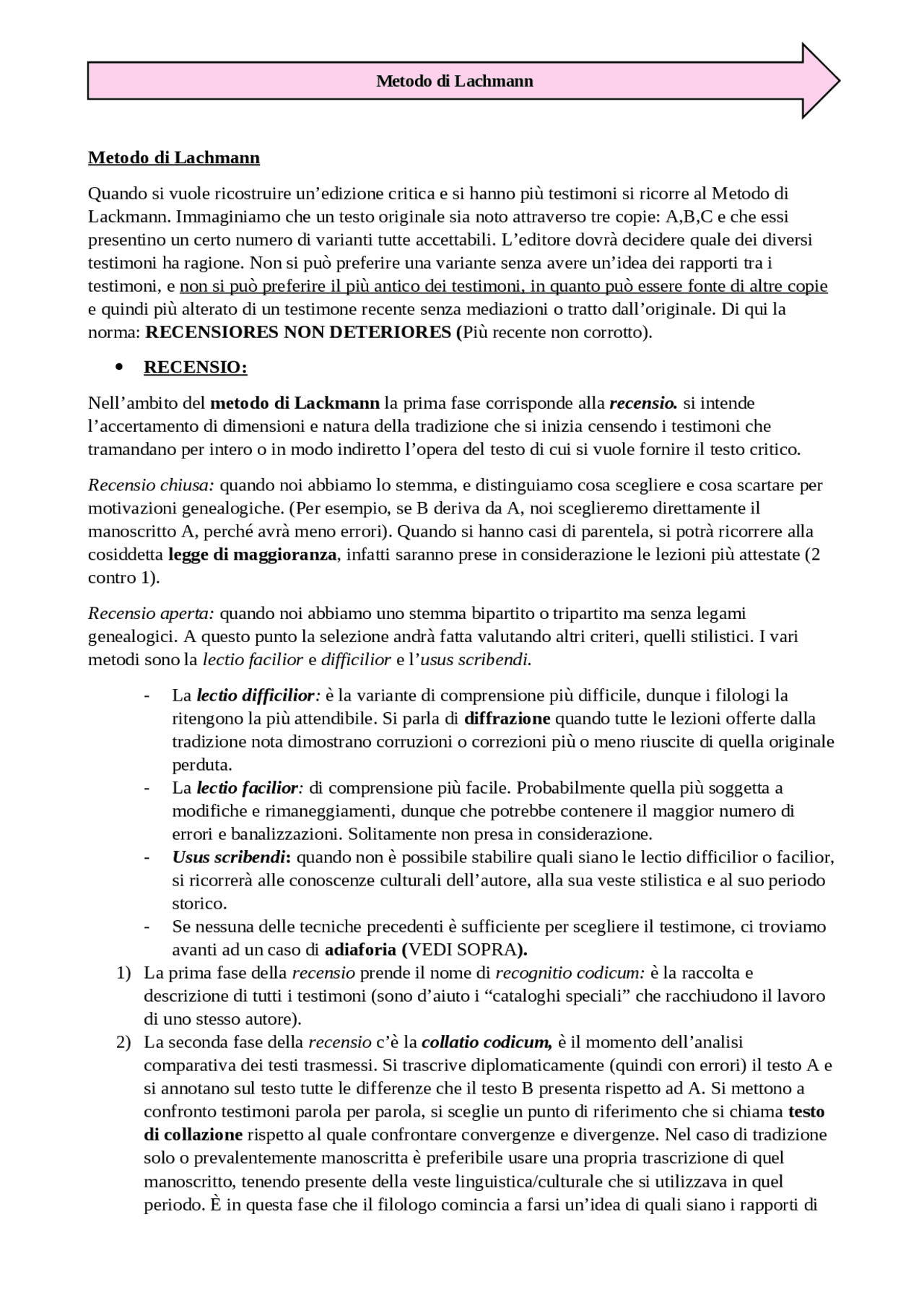 Riassunto del metodo di Lachmann | Schemi e mappe concettuali di ...