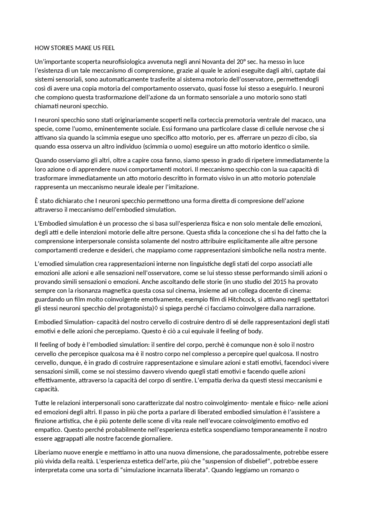 Riassunto Articoli Gallese E Sturm Docsity