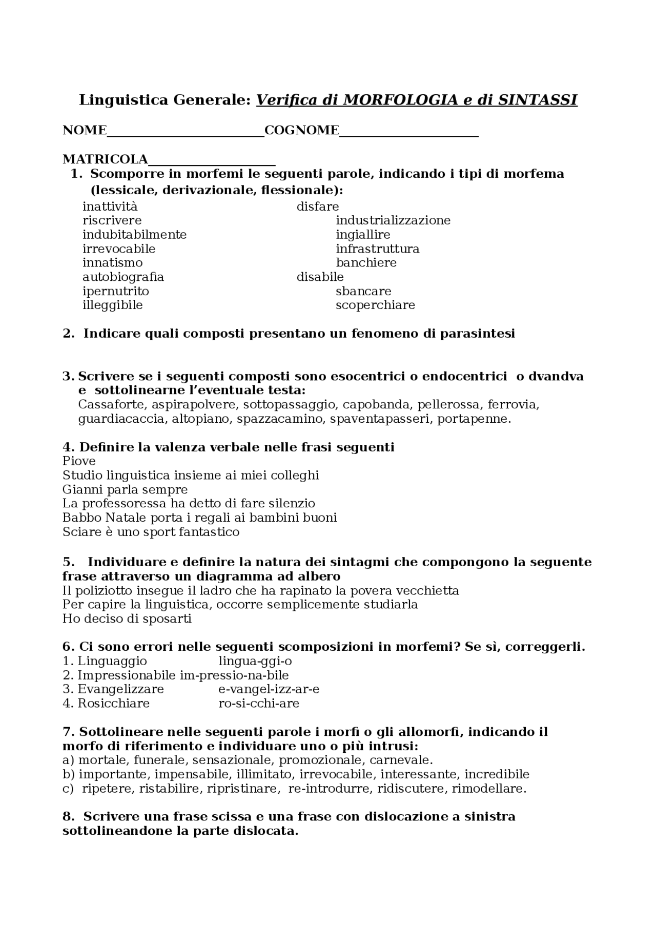 Linguistica Generale: Verifica di MORFOLOGIA e di SINTASSI | Prove d'esame di Linguistica ...