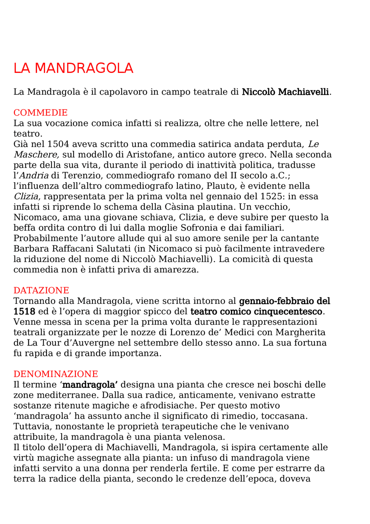 Ricerca sulla Mandragola di Niccolò Machiavelli - Docsity