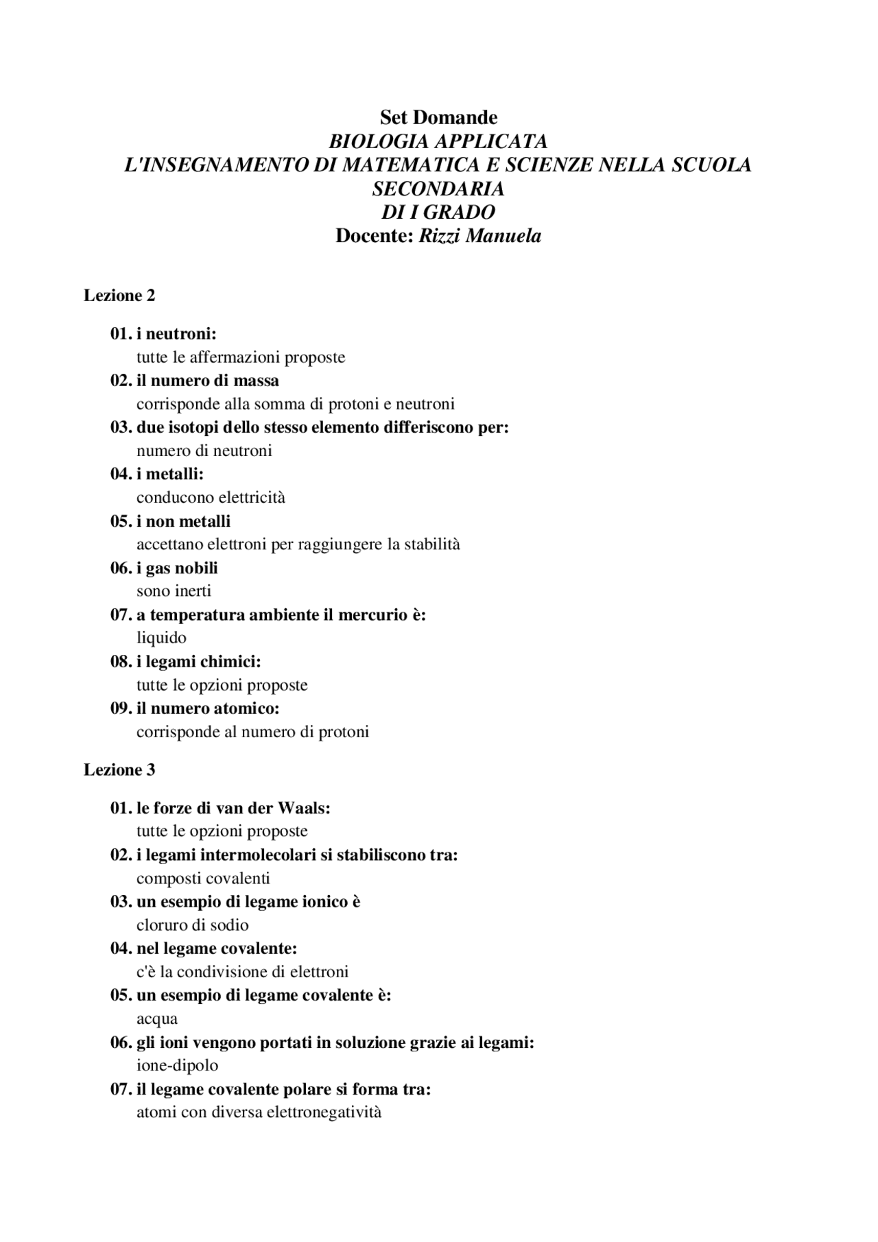 Paniere Biologia Applicata, Prof.ssa Rizzi Manuela , secondaria I grado - Docsity