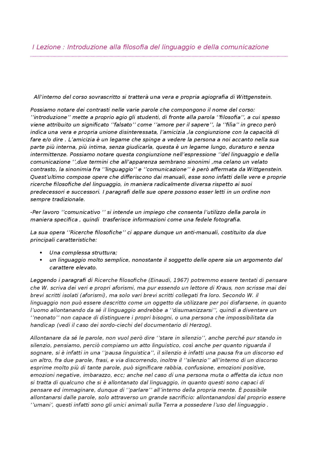 Sintesi Su Wittgenstein Docsity