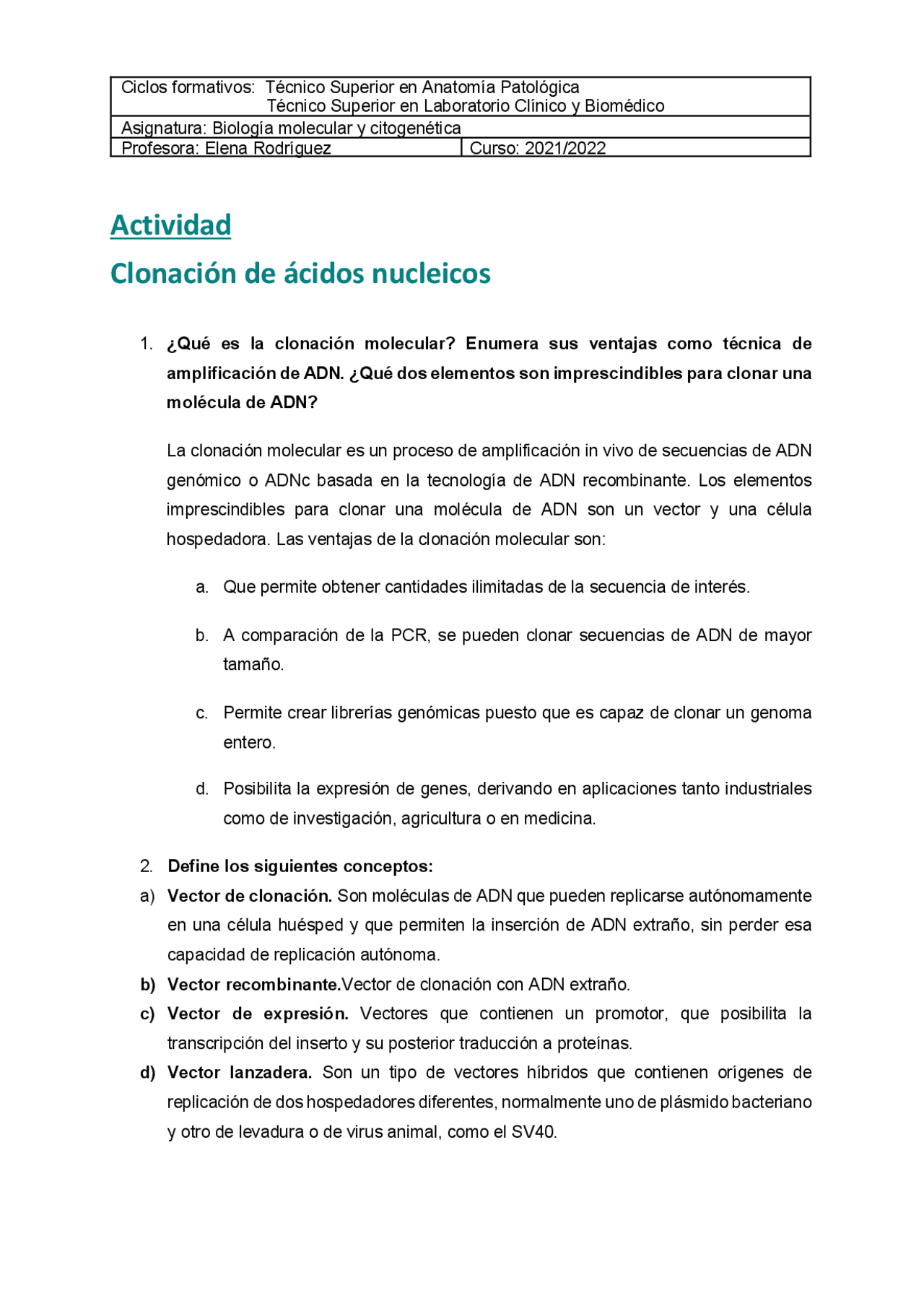 Ejercicios De Biología Molecular Ejercicios De Biología Docsity