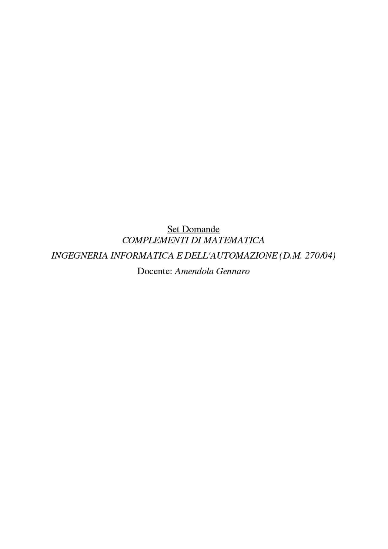 Paniere Esame Complementi di Matematica Ing. Informatica - eCampus - Docsity