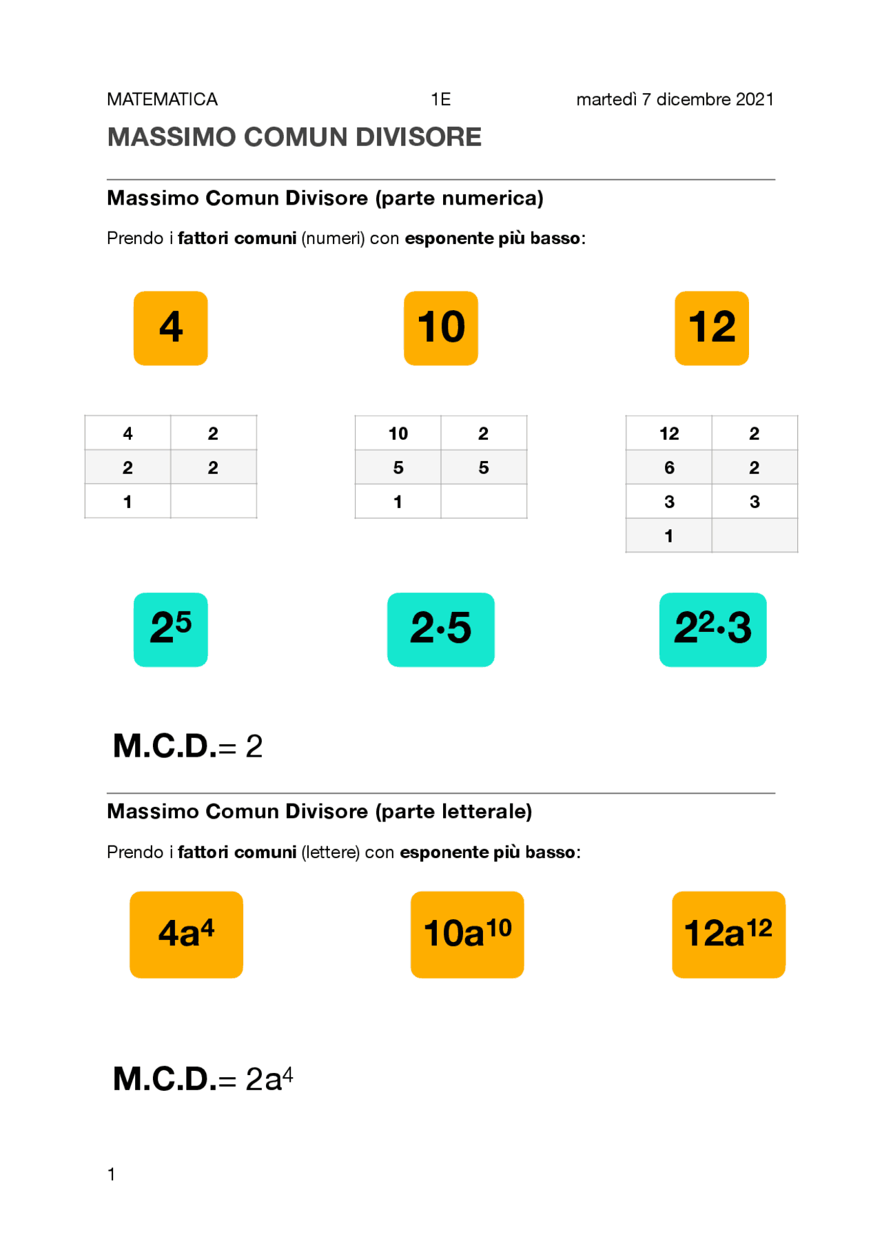 Matematica - Ripasso MCD e mcm - Docsity