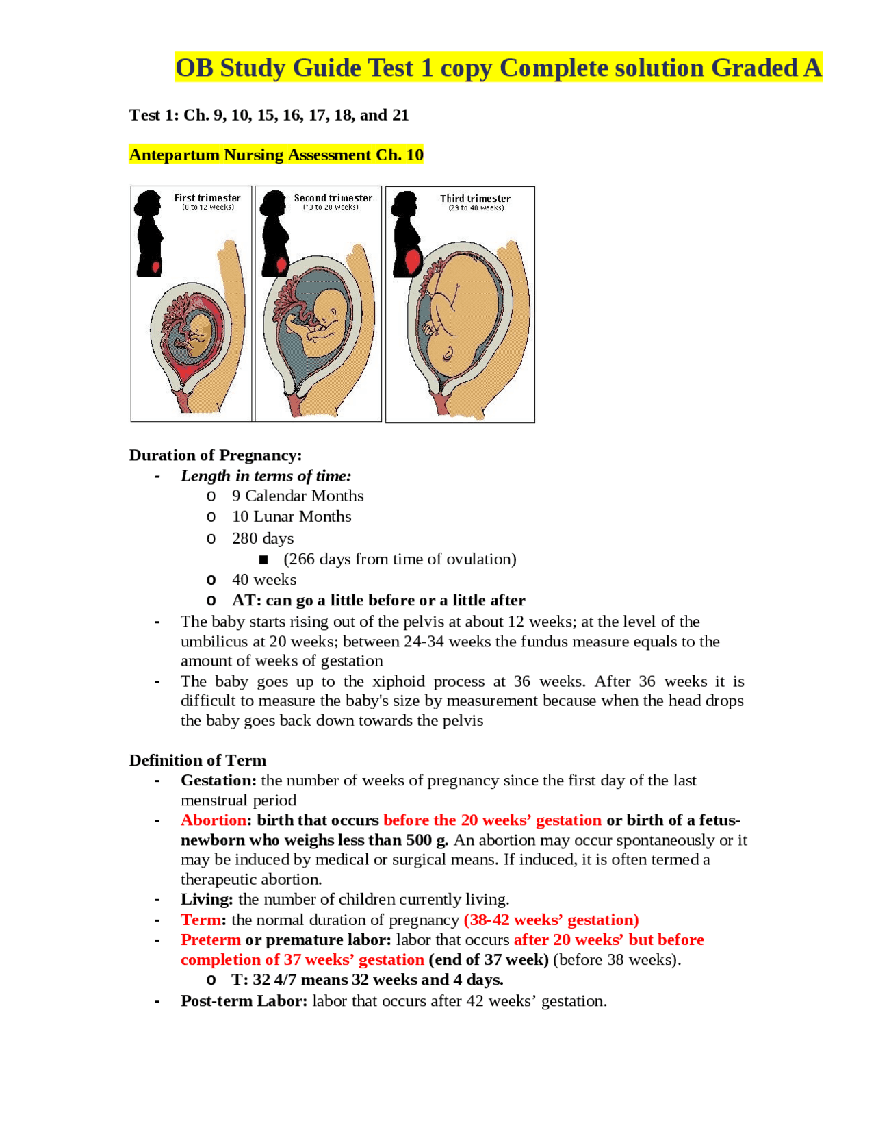 OB Study Guide Test 1 copy Complete solution Graded A - Docsity