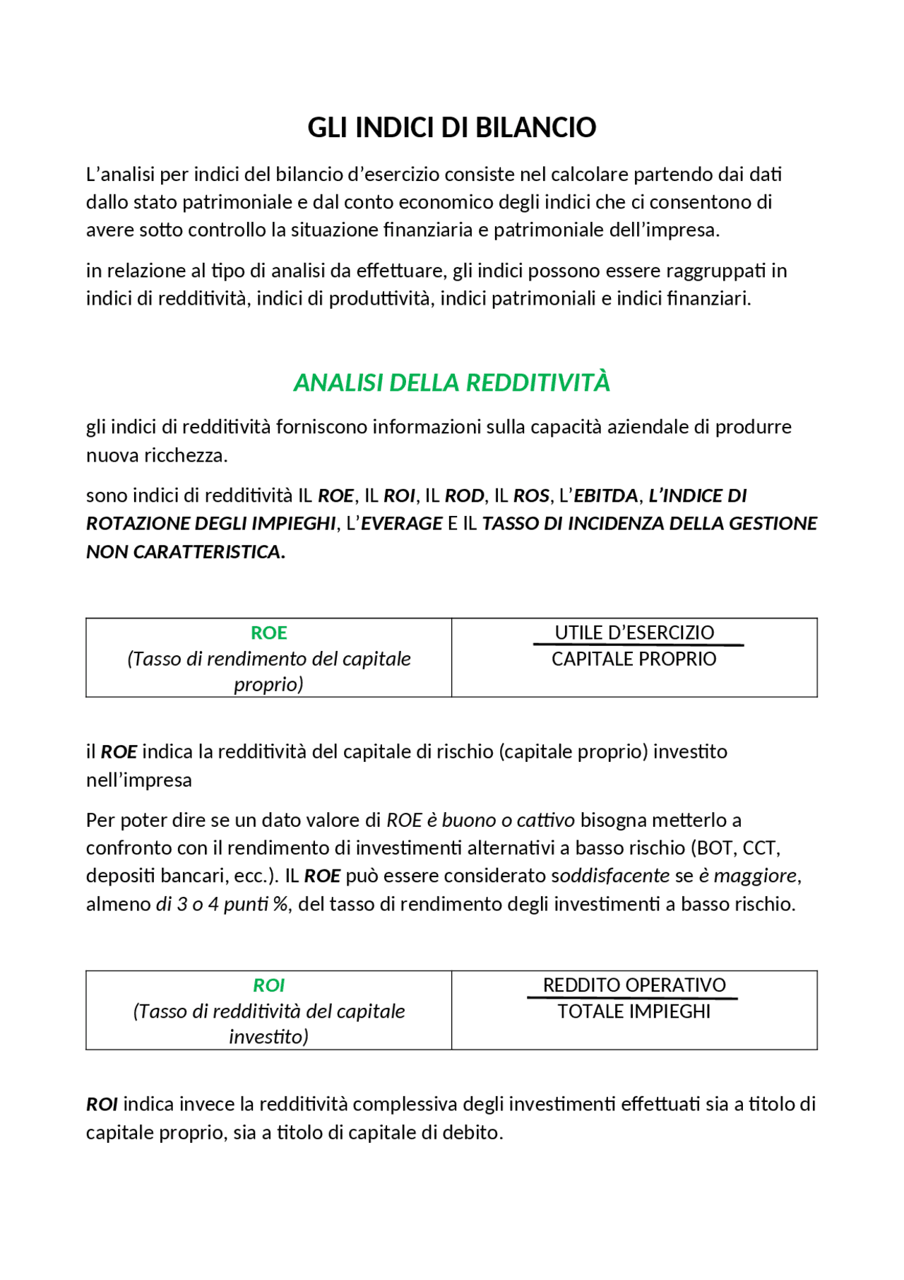 Gli Indici di Bilancio - Docsity