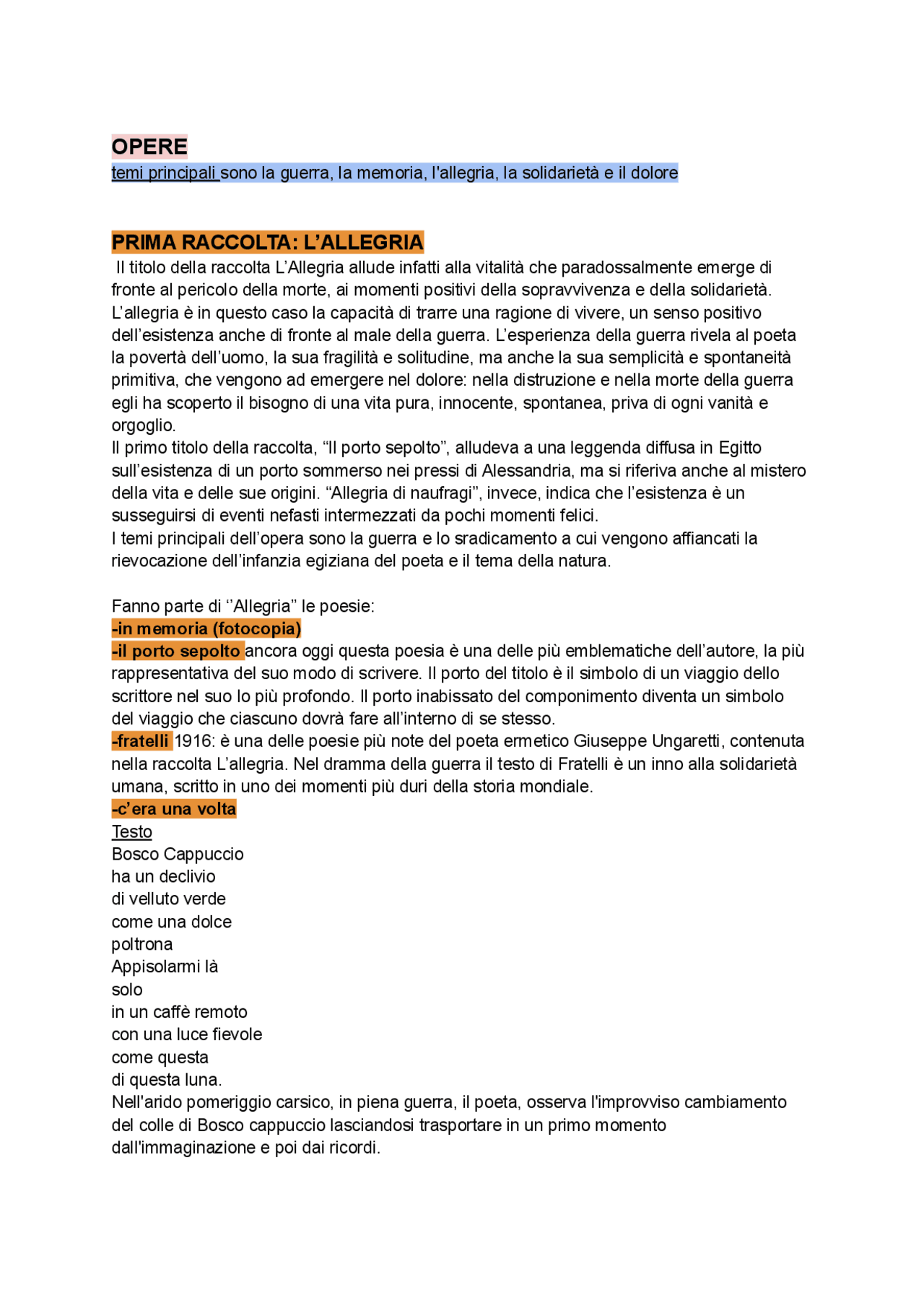 Analisi Opere Ungaretti Docsity