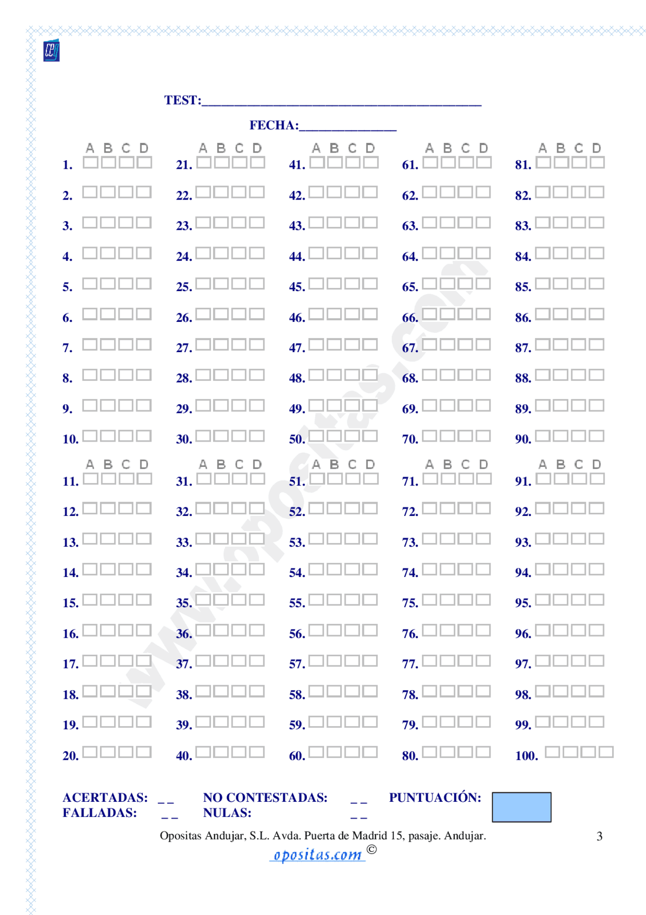 Hoja De Respuestas De 100 Preguntas Para Imprimir 6º EXAMEN TRIMESTRE