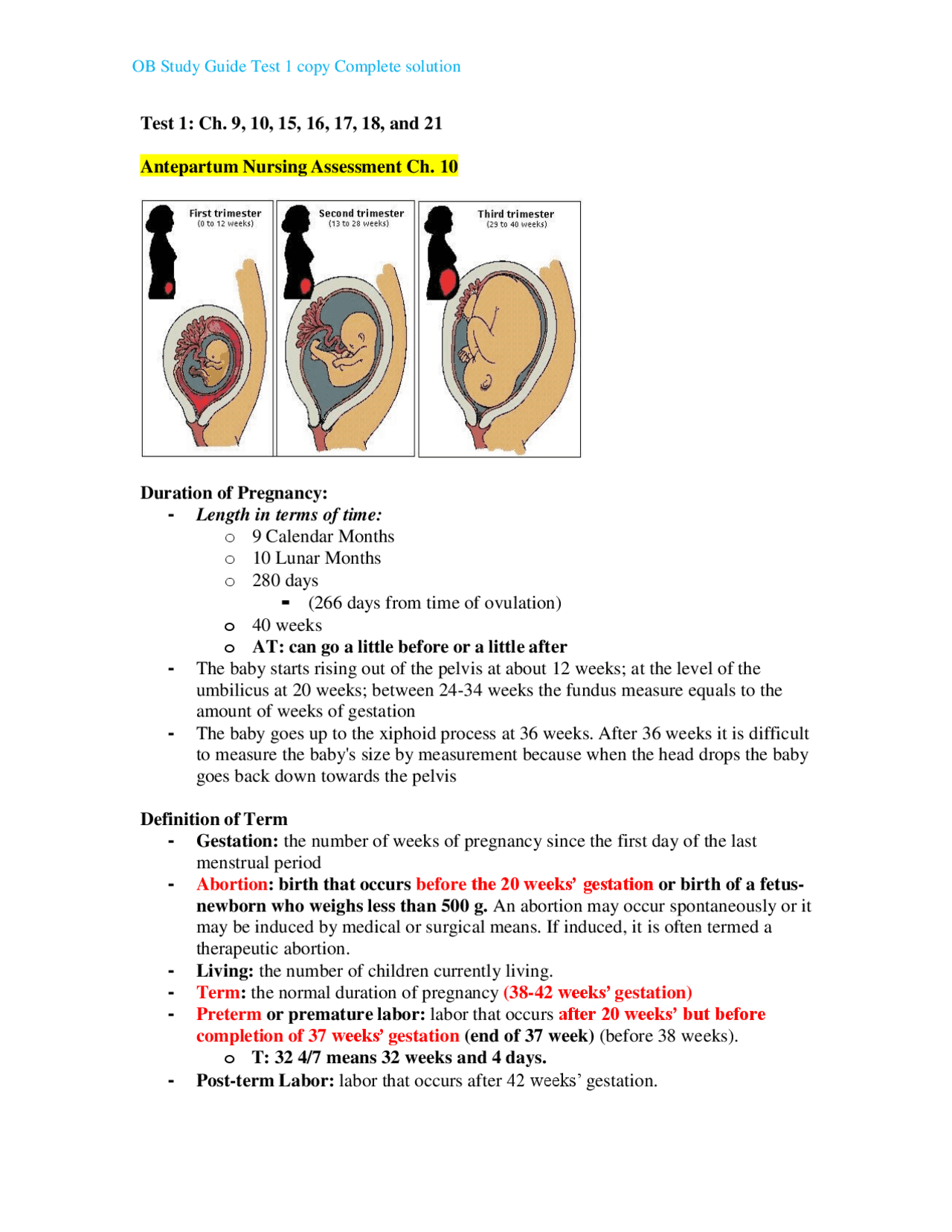 OB Study Guide Test 1 copy Complete latest solution - Docsity