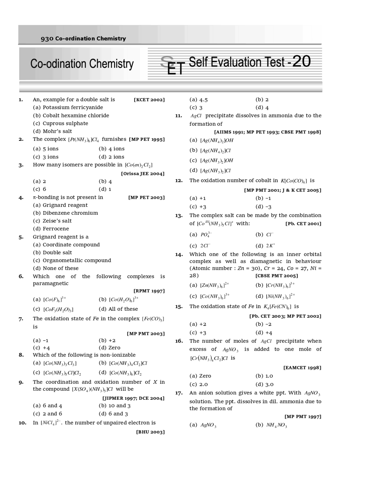 Self Evaluation Test On Coordination Compounds With Answers Docsity