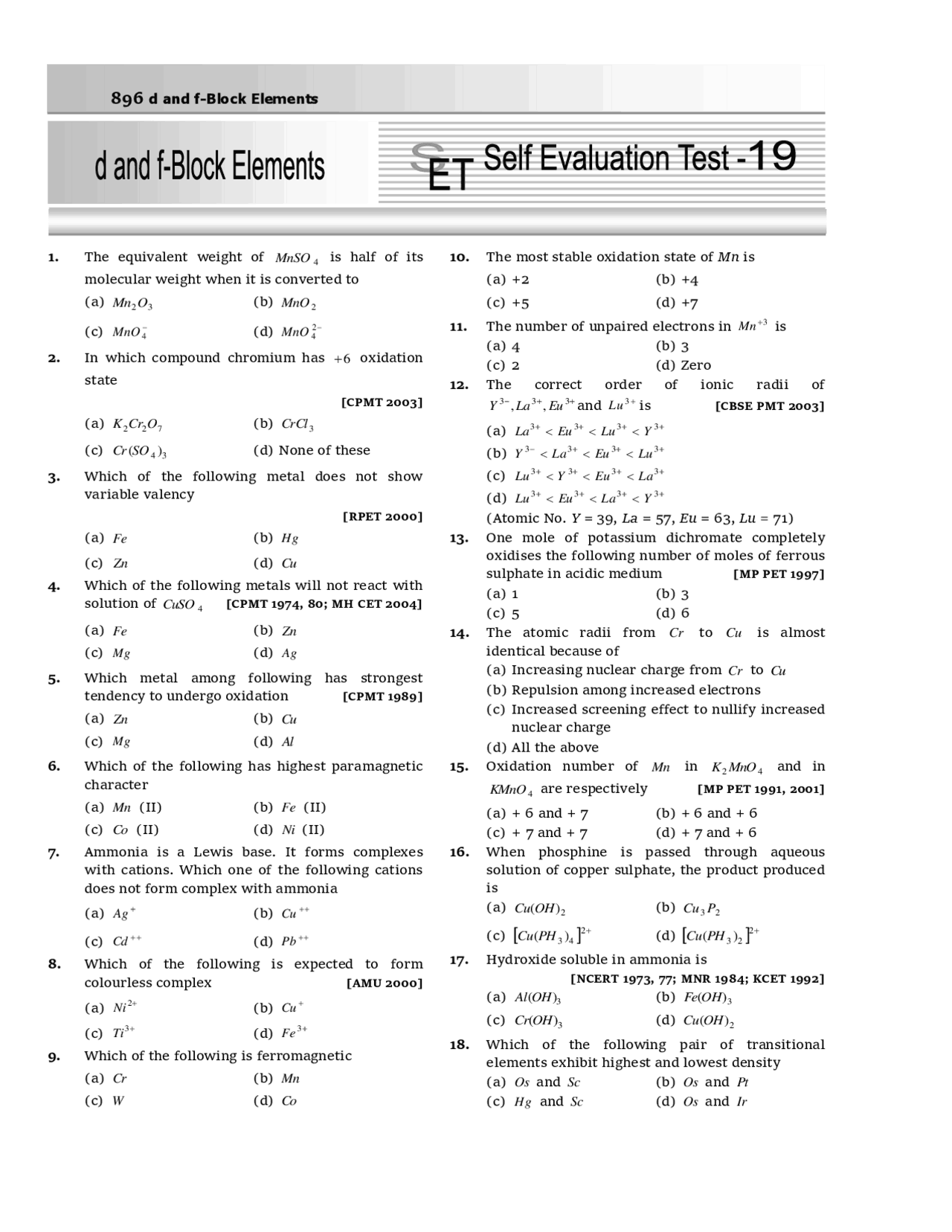Self Evaluation Test On D And F Block Elements With Answers Docsity