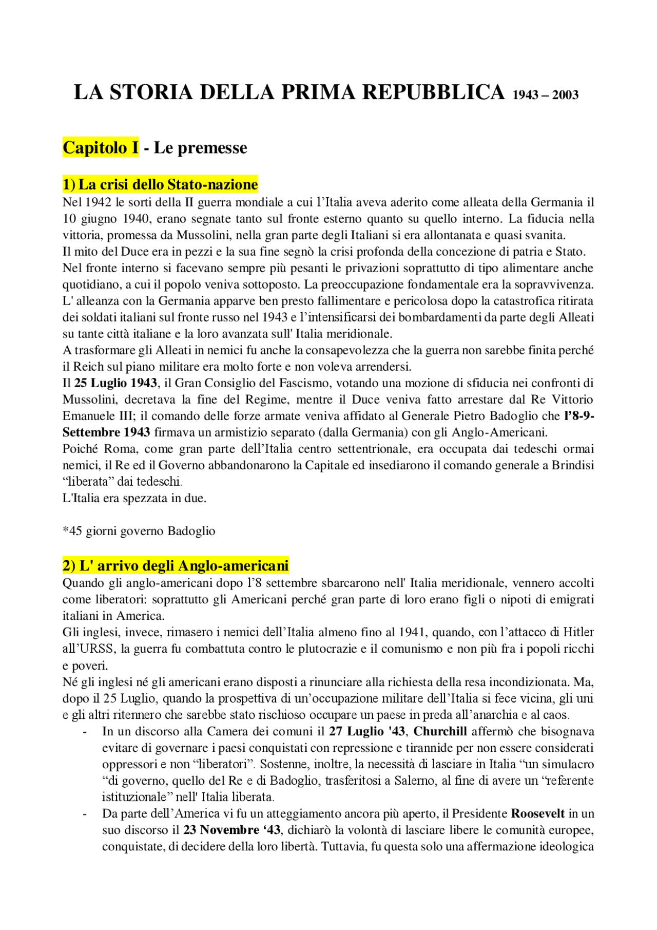 Storia della prima Repubblica. L’Italia dal 1943 al 2003 - Docsity