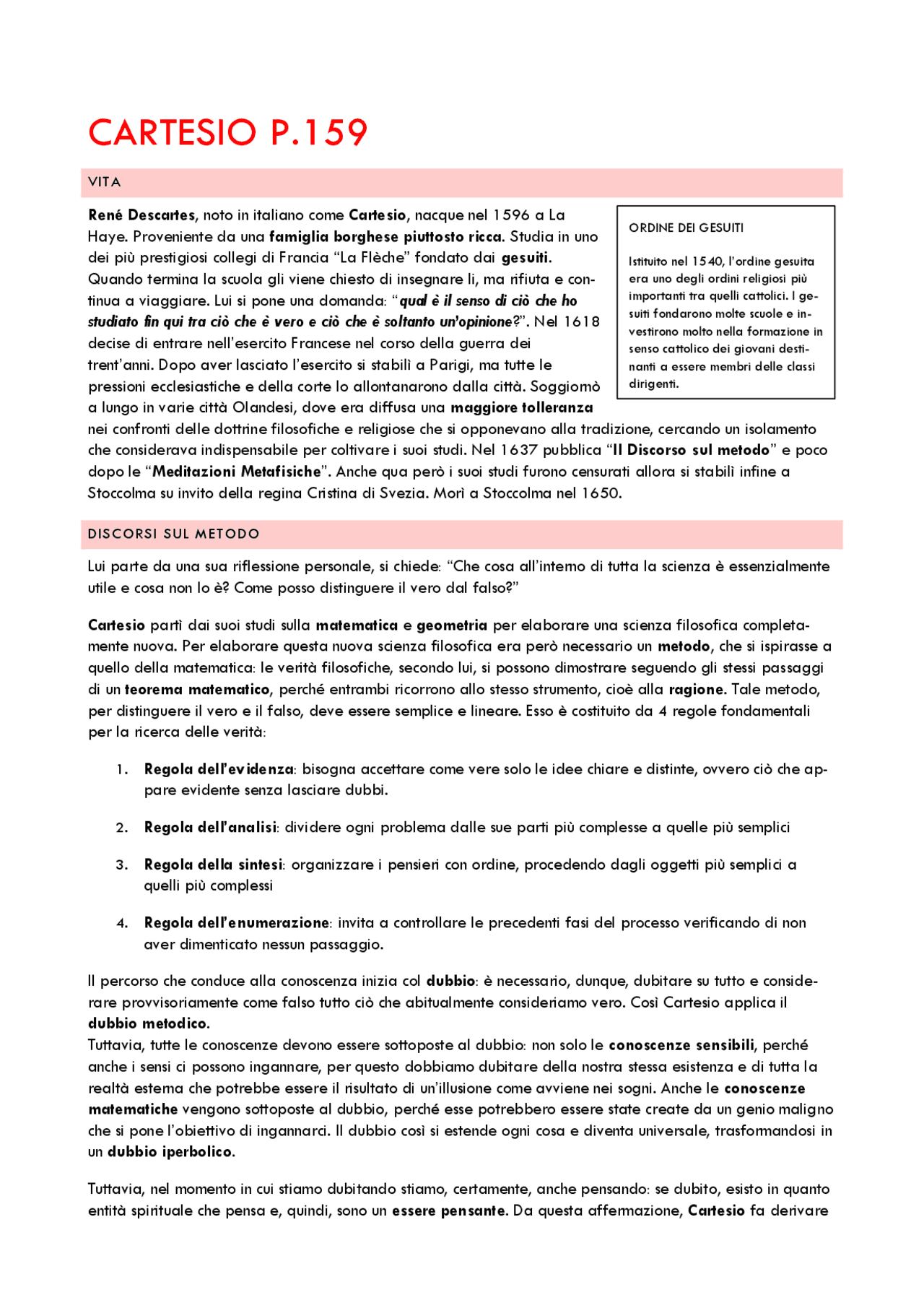 Cartesio Vita E Discorso Sul Metodo Docsity