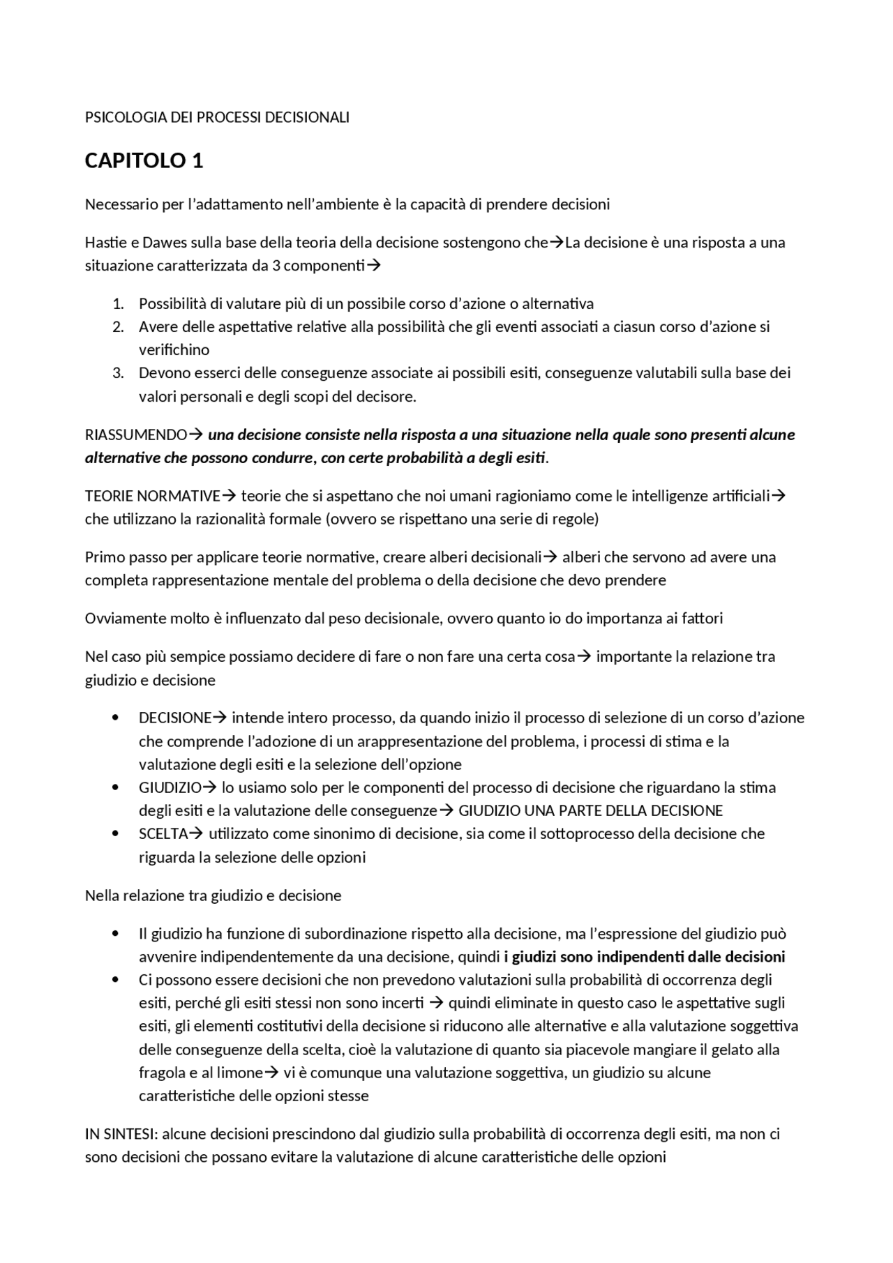 Appunti psicologia dei processi decisionali | Appunti di Psicologia del Lavoro | Docsity