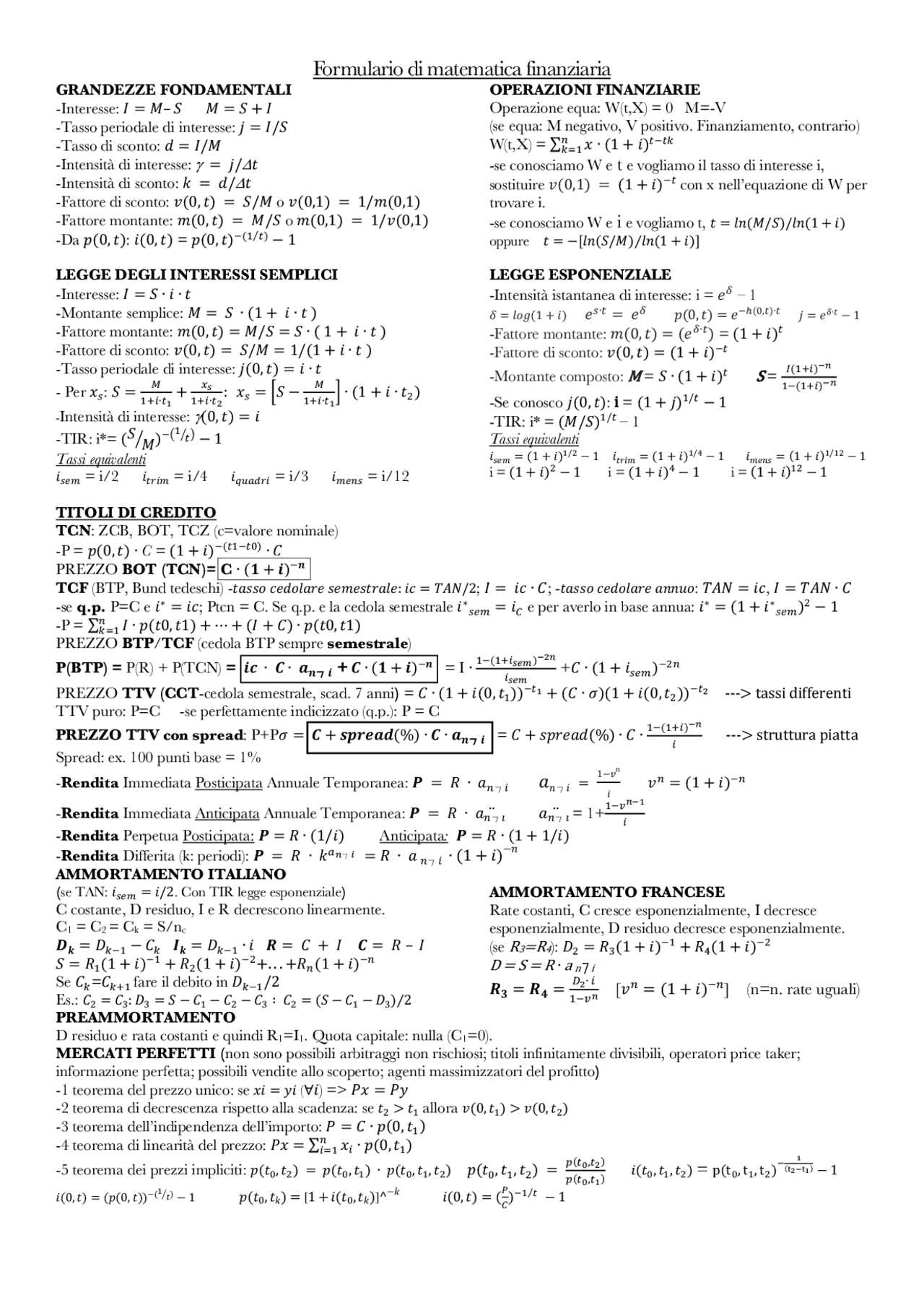 FORMULARIO COMPLETO DI MATEMATICA FINANZIARIA | Formulari di Matematica ...