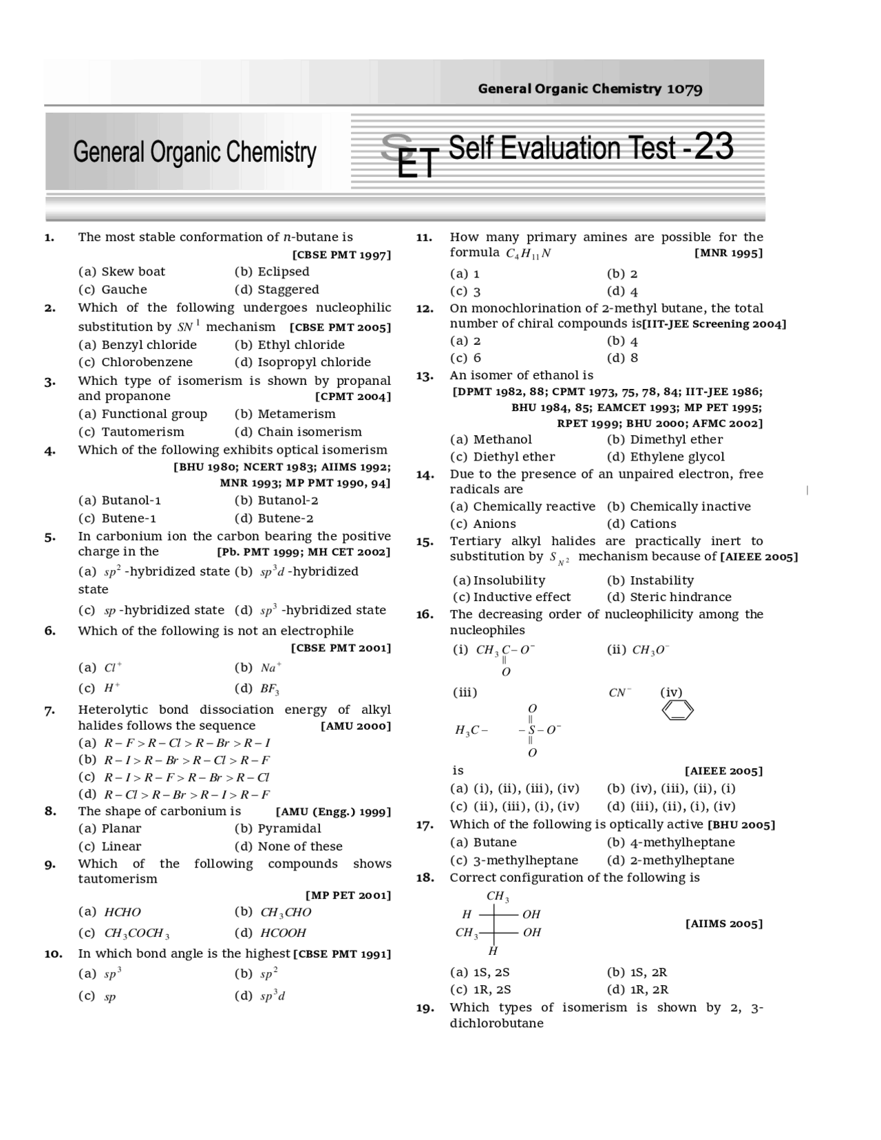 Self evaluation test on GENERAL ORGANIC CHEMISTRY with answers. - Docsity