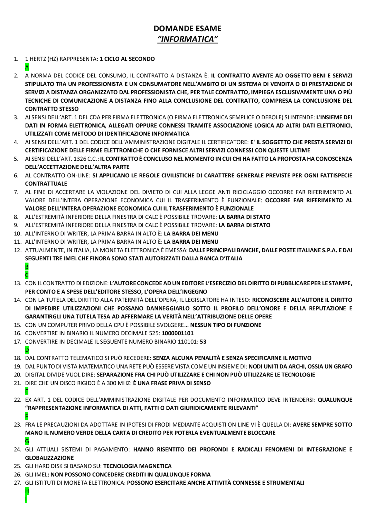 PANIERE DOMANDE ESAME INFORMATICA | Panieri di Fondamenti di informatica | Docsity