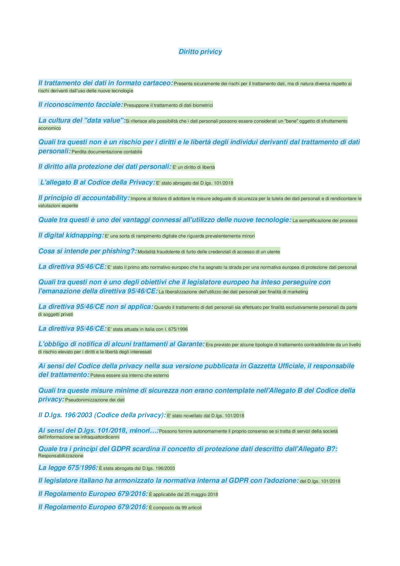 Test Esame Di Diritto Della Privacy Docsity