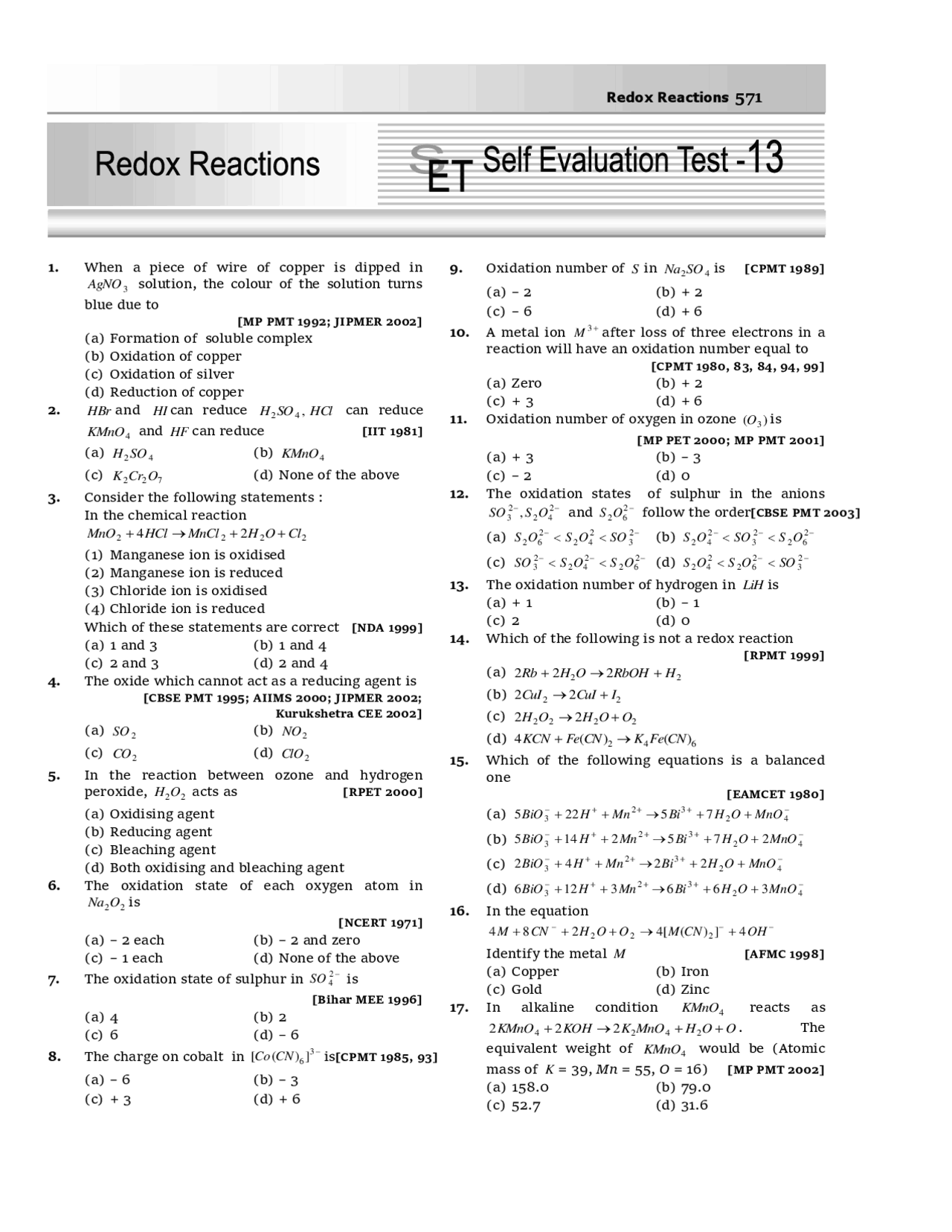 Self evaluation test on REDOX CHEMISTRY with answers. - Docsity