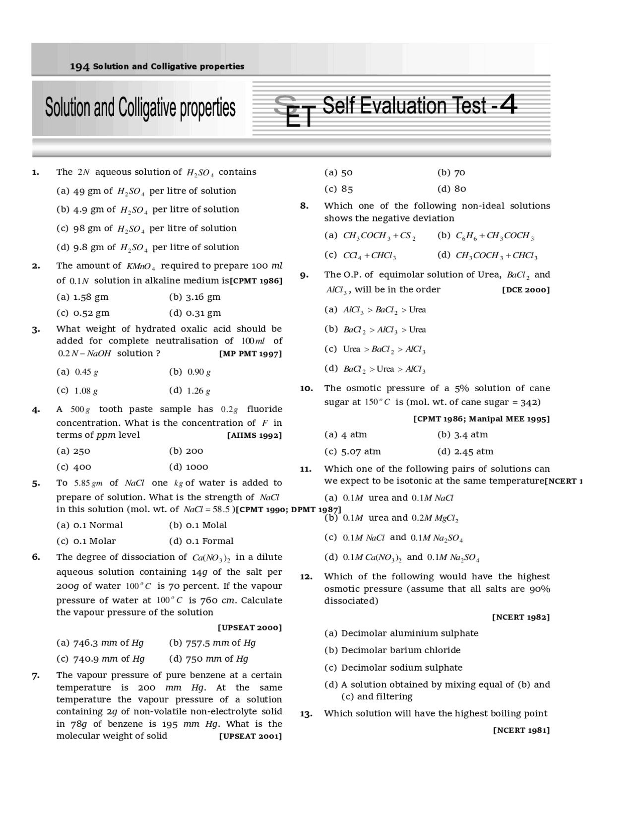 Self Evalution Test Of Solutions Chapter Docsity