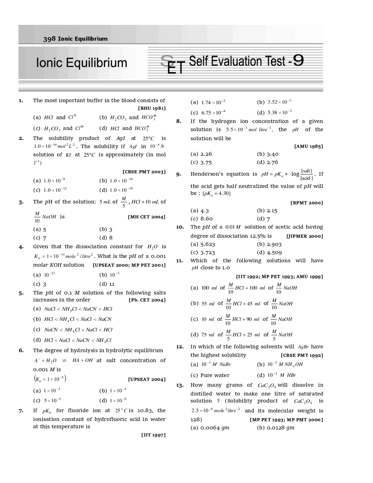 Self Evaluation Test On Ionic Equilibrium With Answers Docsity