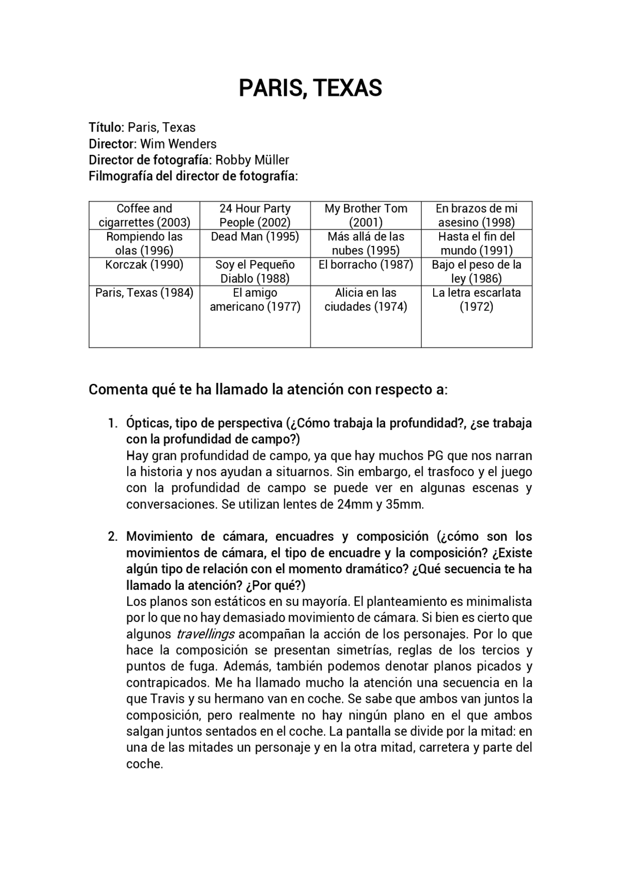 Analisis dirección fotografía Parix Texas - Docsity