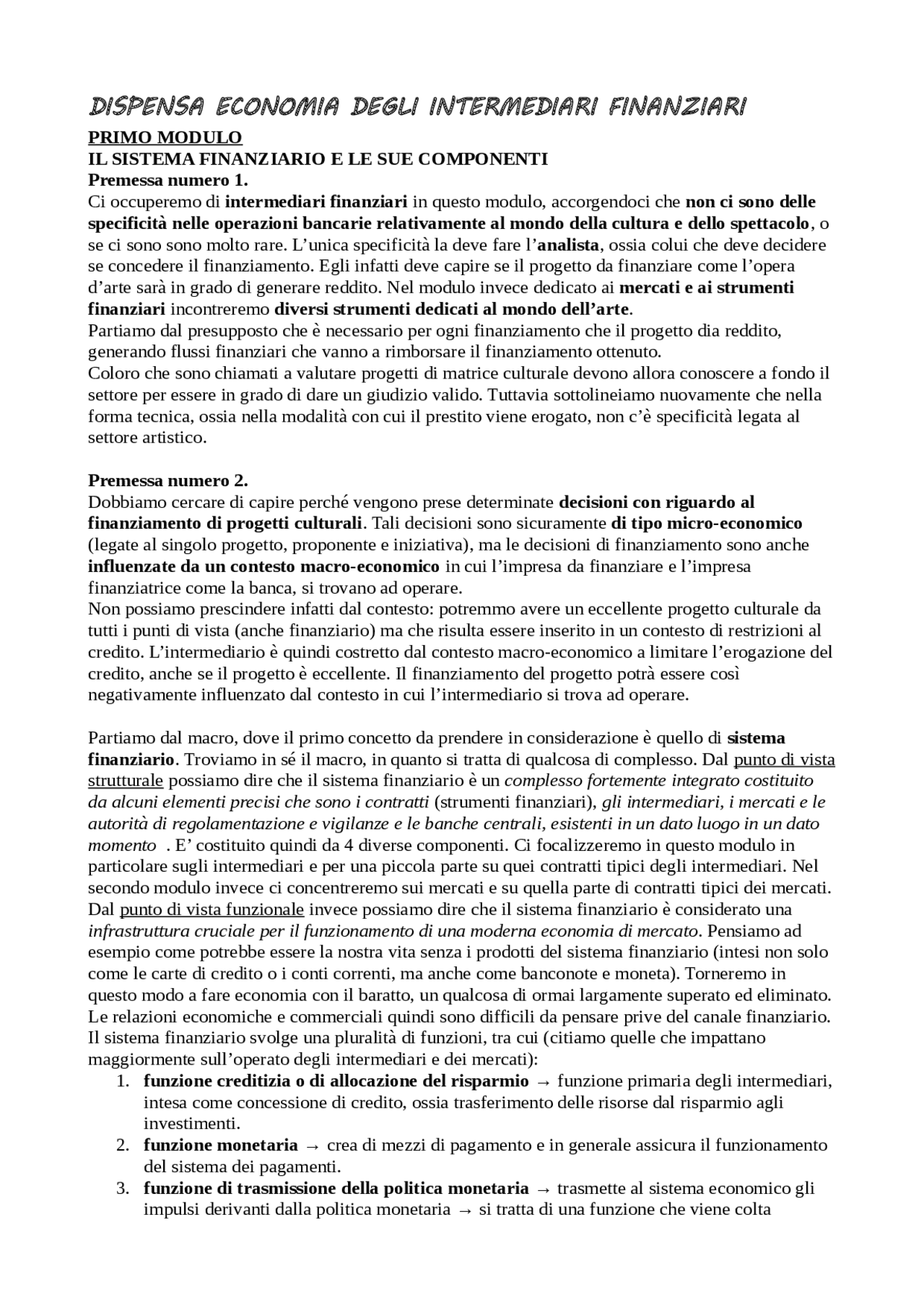 Appunti Economia Degli Intermediari Finanziari Primo Modulo Docsity