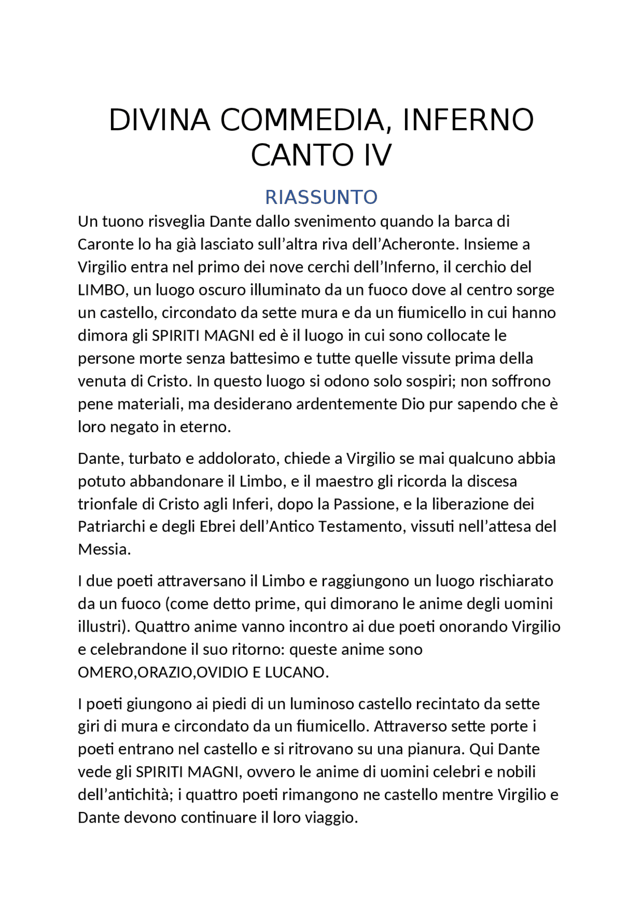 CANTO IV, INFERNO DANTE - Docsity