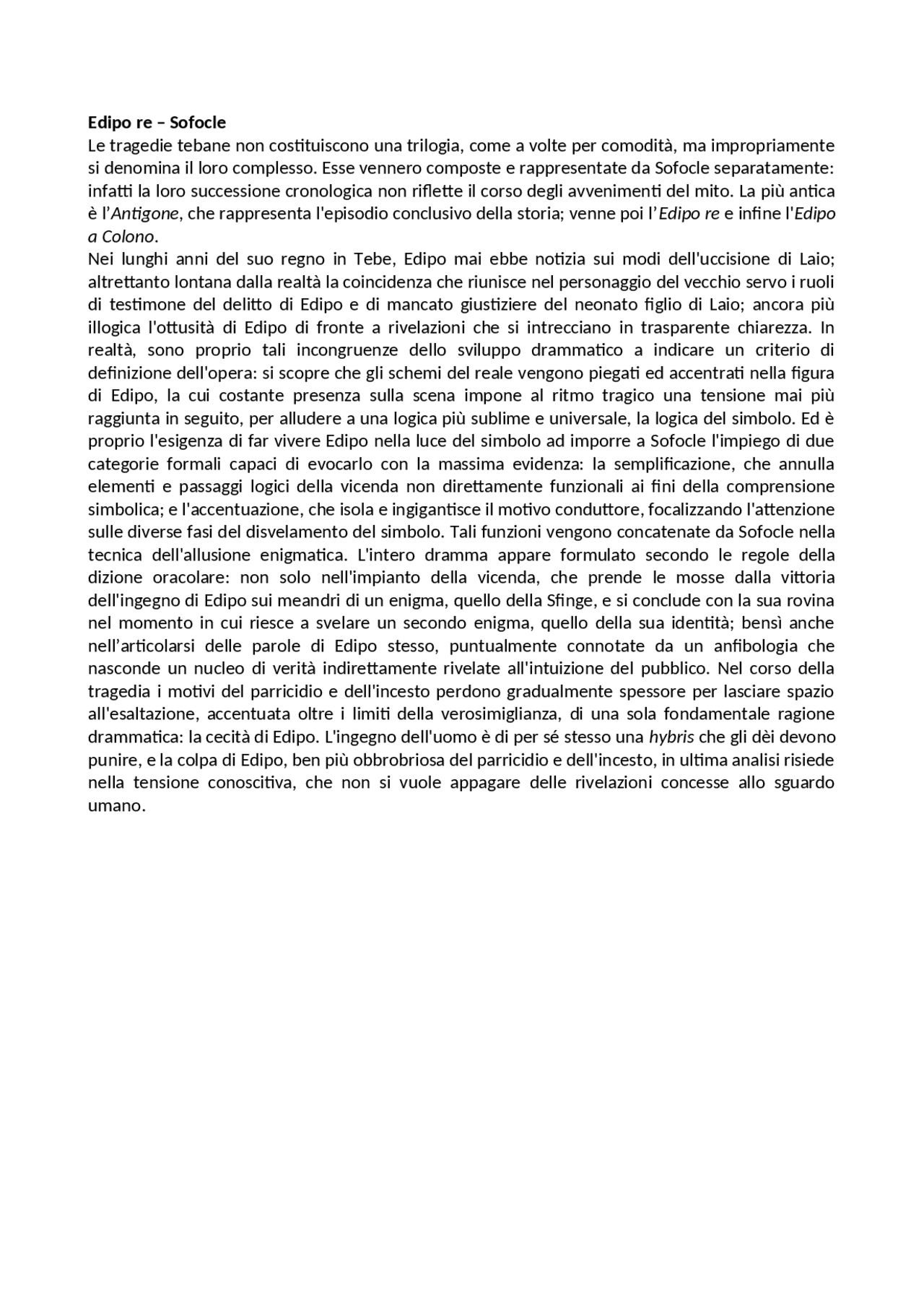 Riassunto Edipo re - Sofocle - Docsity