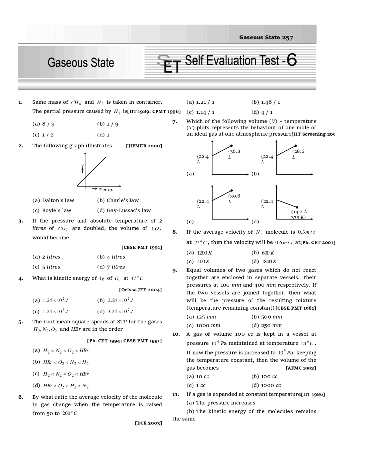 Self Evaluation Test On Gaseous State Chemistry With Answers Docsity