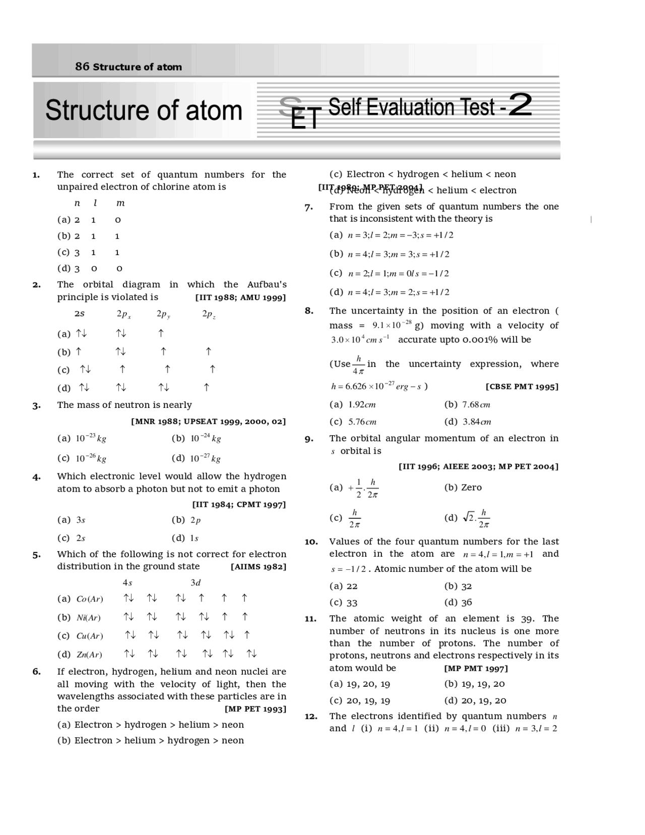 Self evaluation test for structure of atom | Exercises Chemistry | Docsity