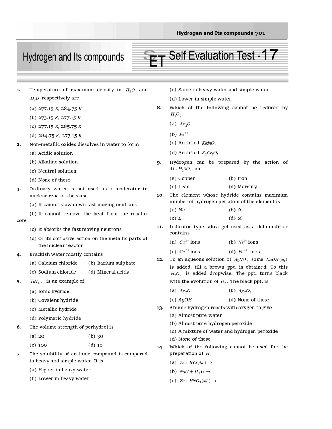 Self Evaluation Test On Hydrogen Chemistry With Answers Docsity