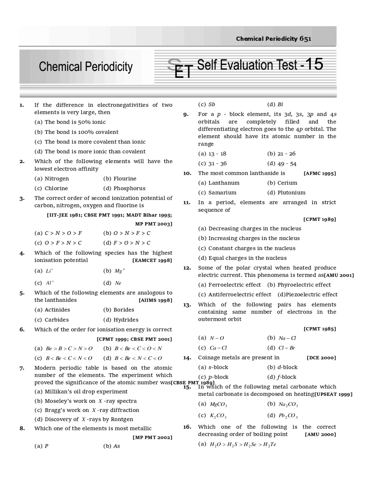 Self evaluation test on CHEMICAL PERIODICITY (CHEMICAL PERIODIC TABLE ...