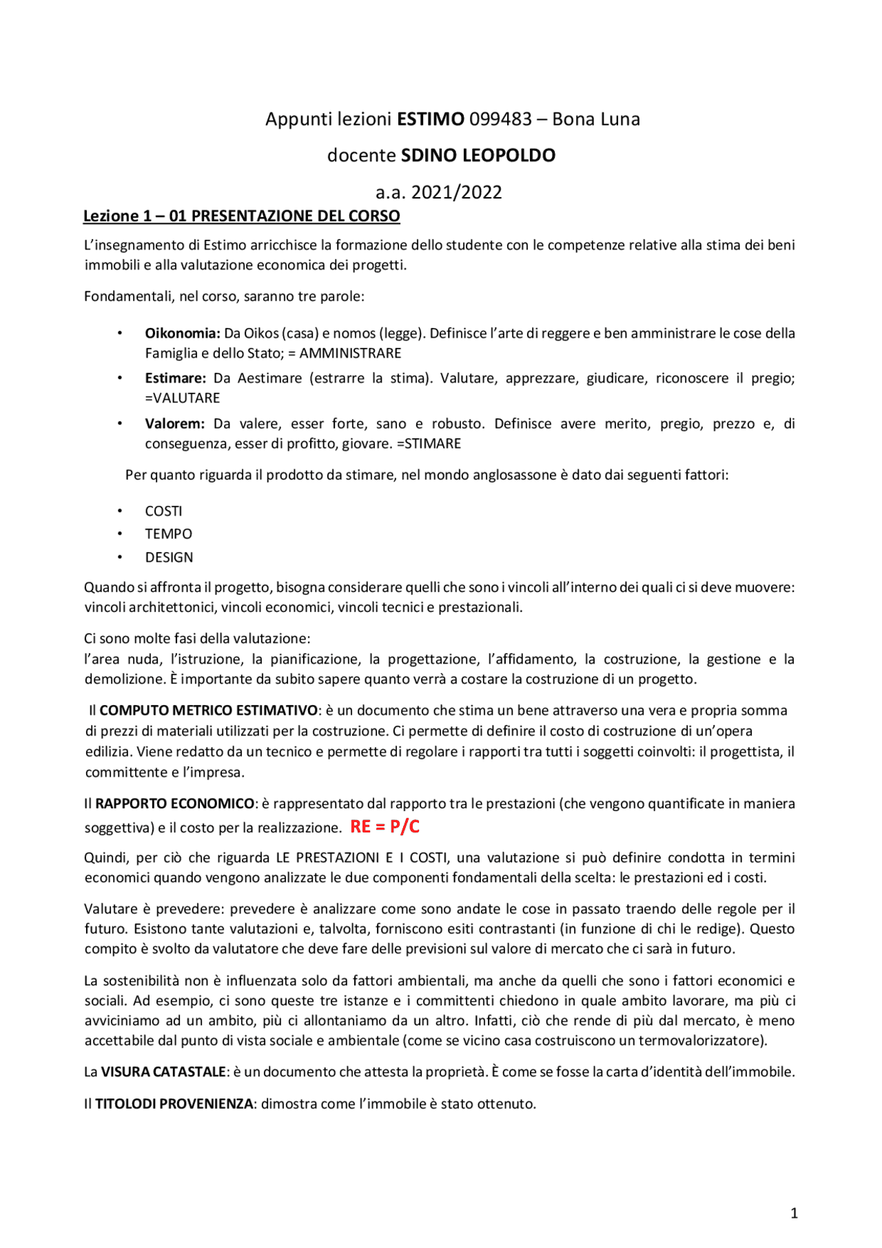 099483_Estimo_Sdino Leopoldo | Appunti di Estimo | Docsity