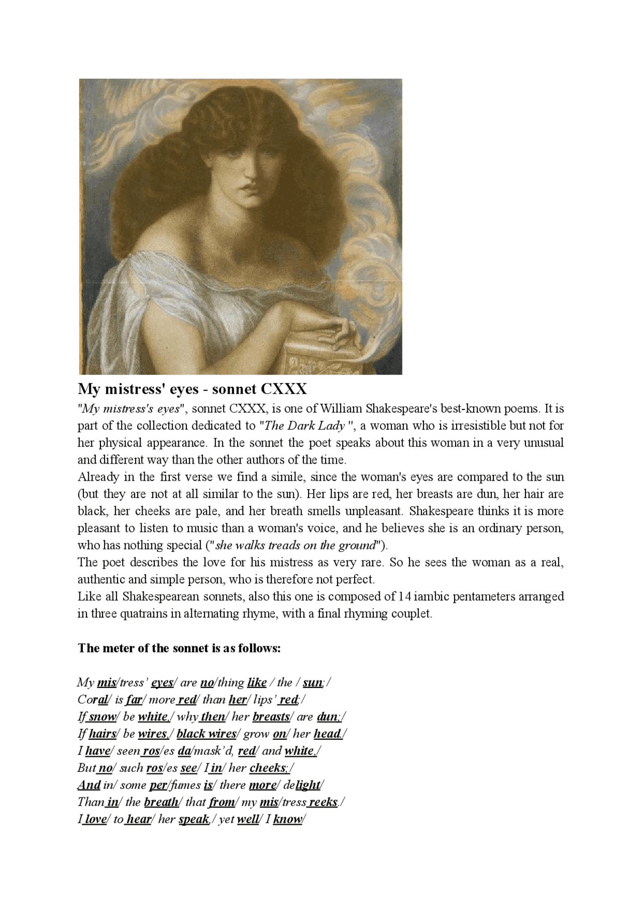 My mistress' eyes - sonnet CXXX - William Shakespeare - Docsity