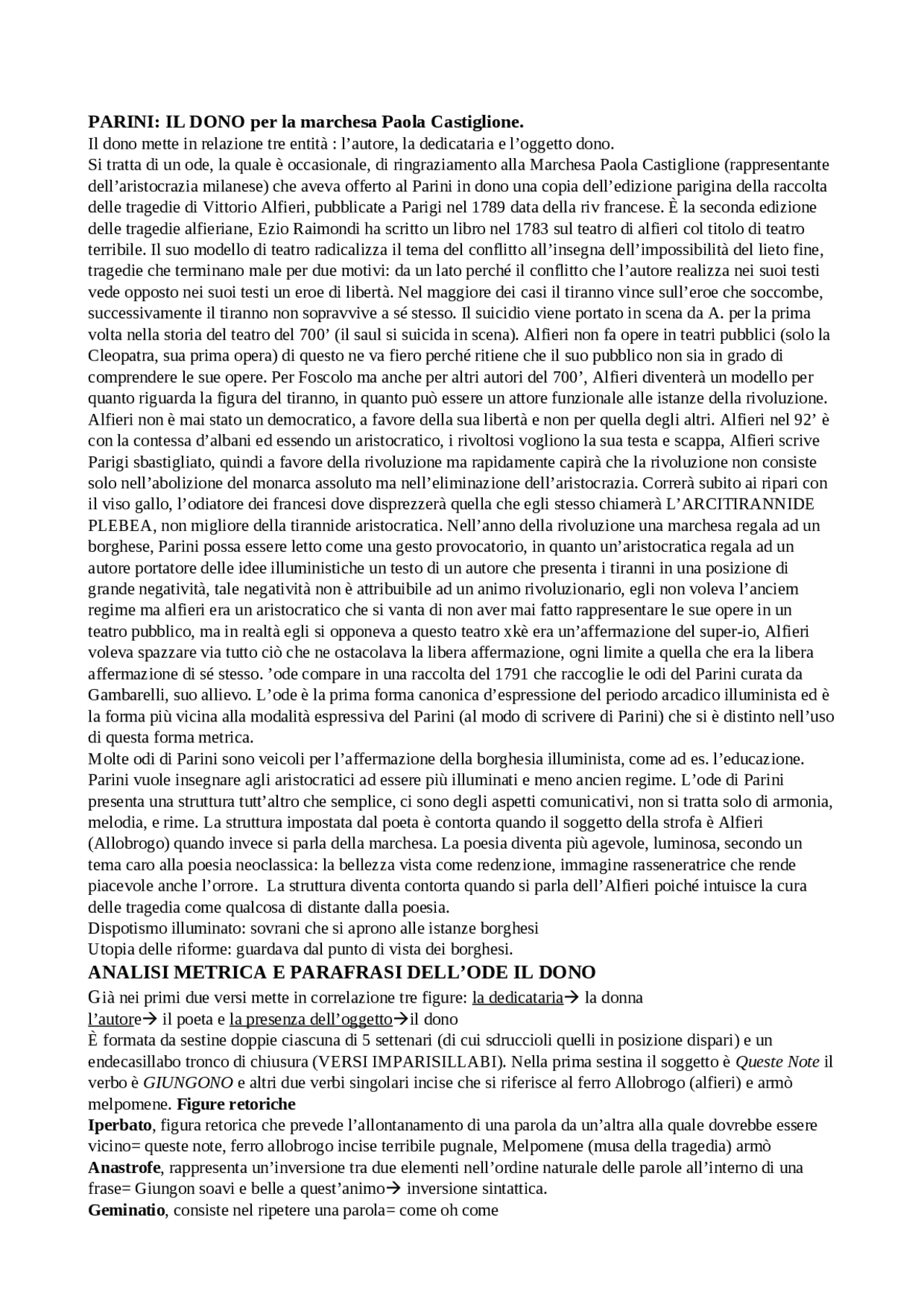 Appunti Sul Dono Di Parini Docsity
