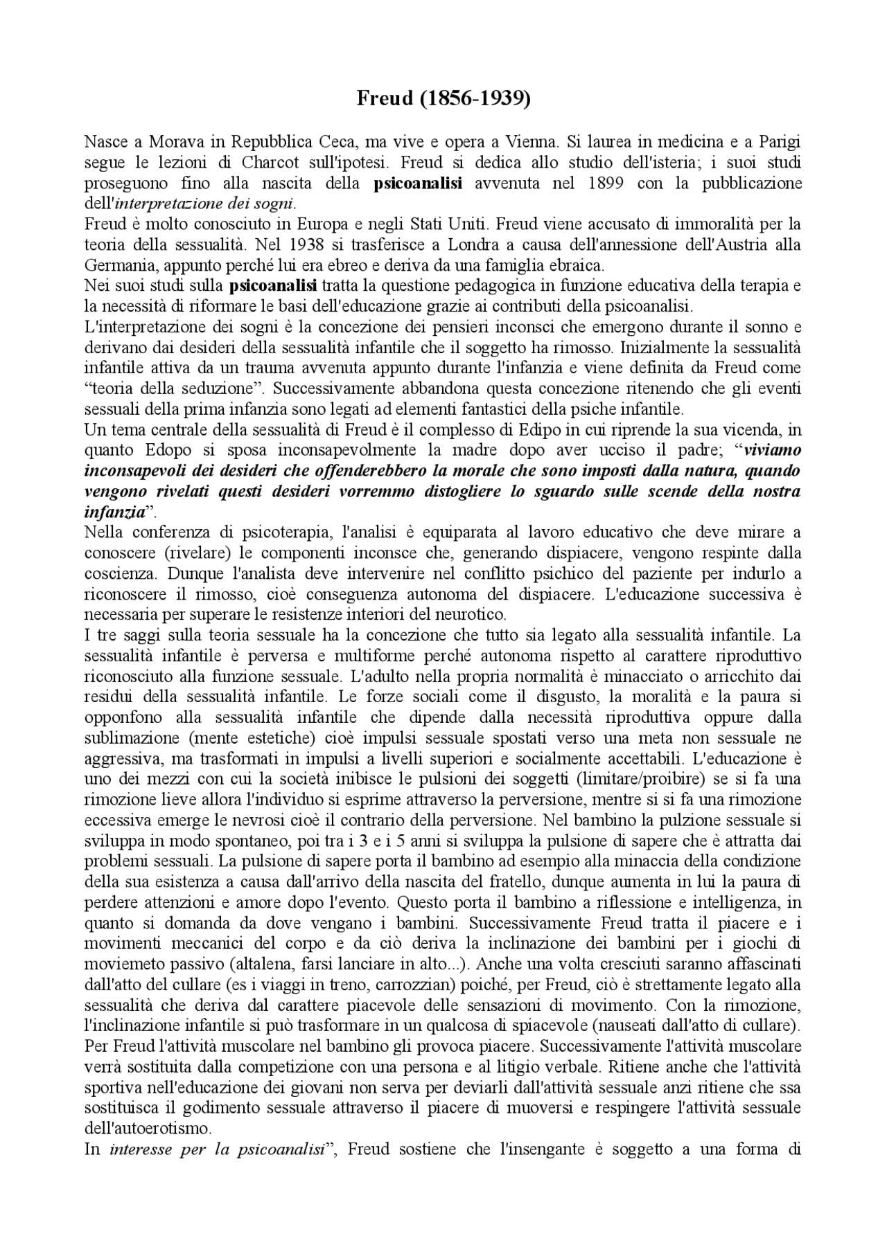Freud Riassunto Storia Delleducazione Docsity
