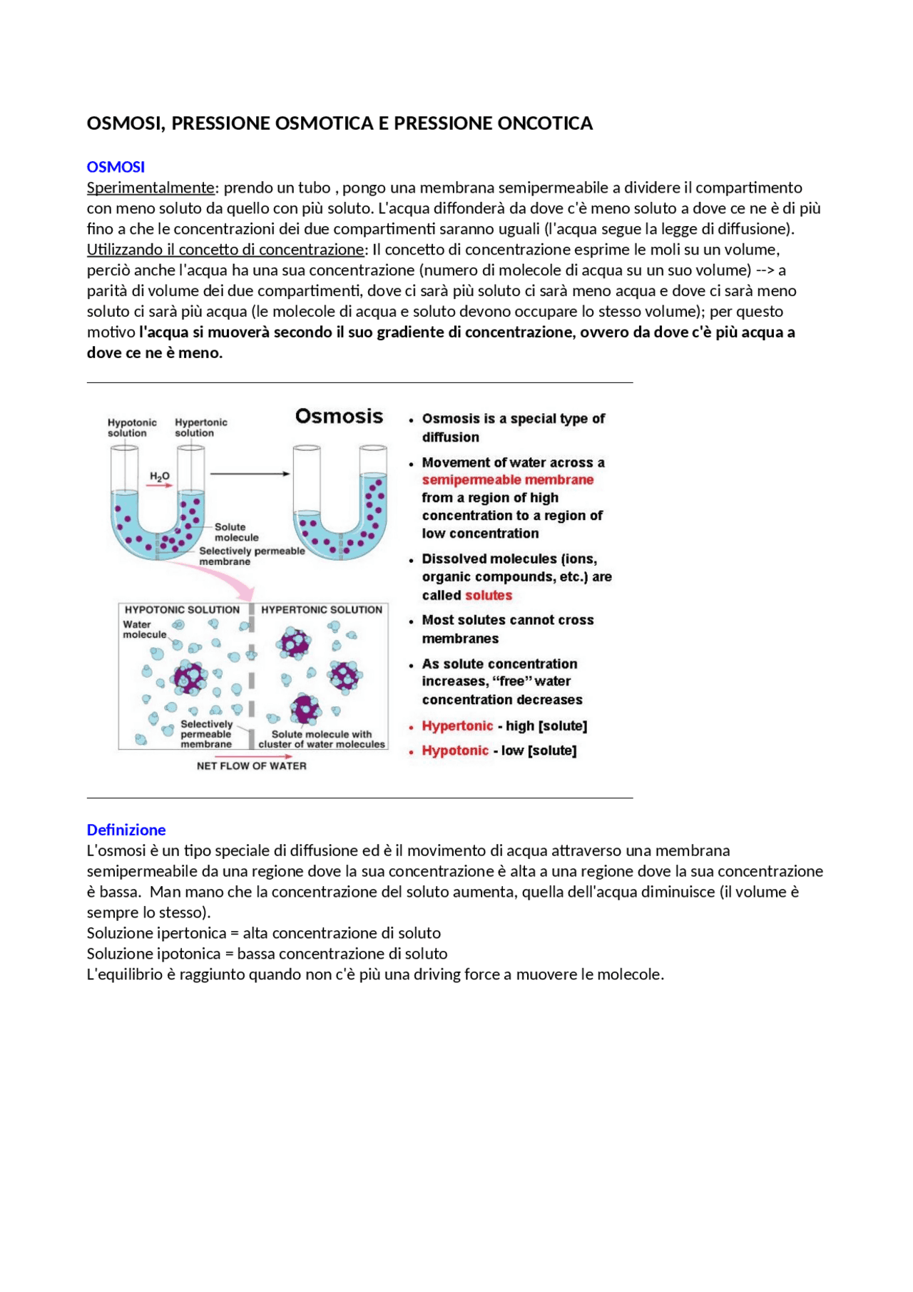 Osmosi, pressione oncotica e pressione osmotica - Docsity