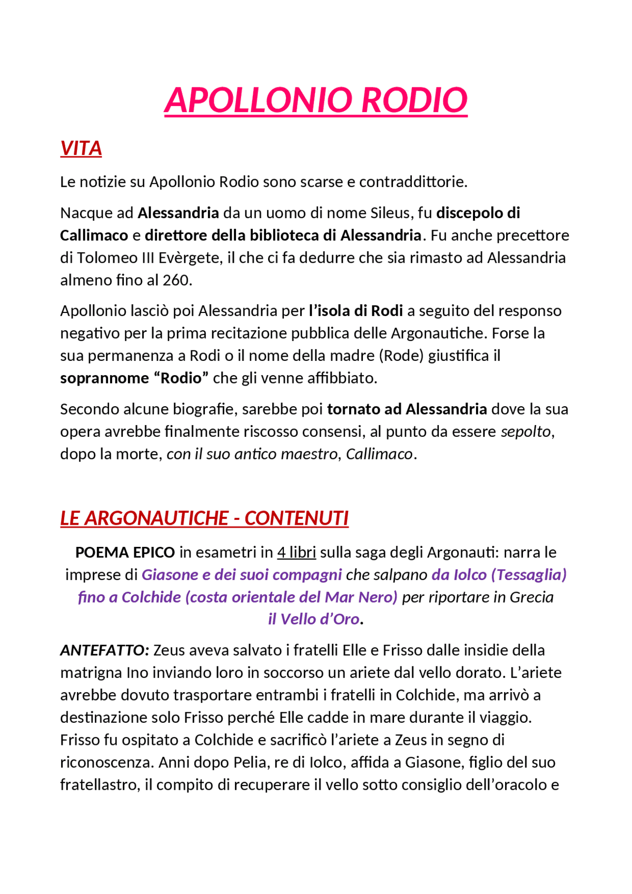 Apollonio Rodio riassunto | Schémas de Grec | Docsity