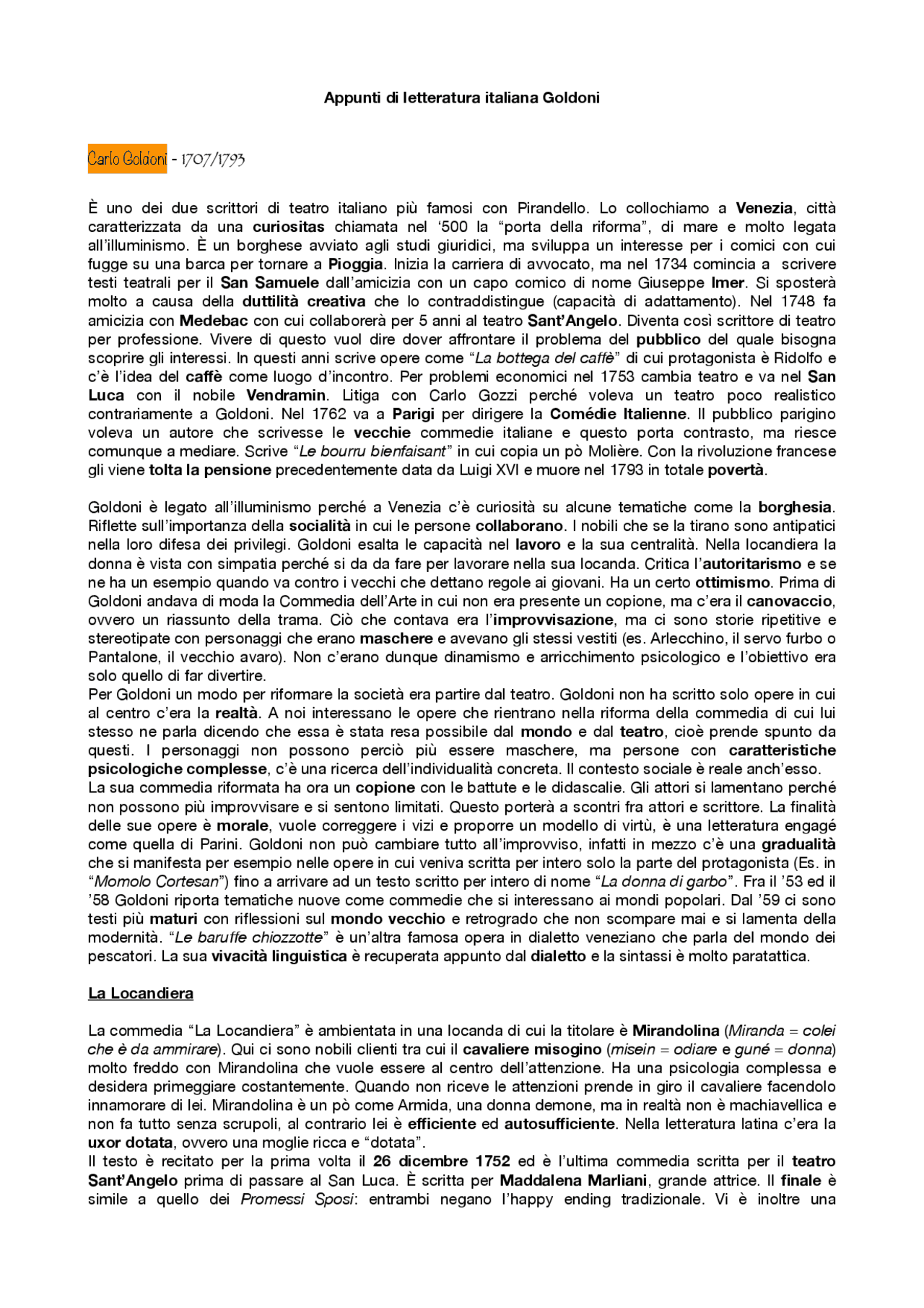 Carlo Goldoni Vita E Opere Docsity