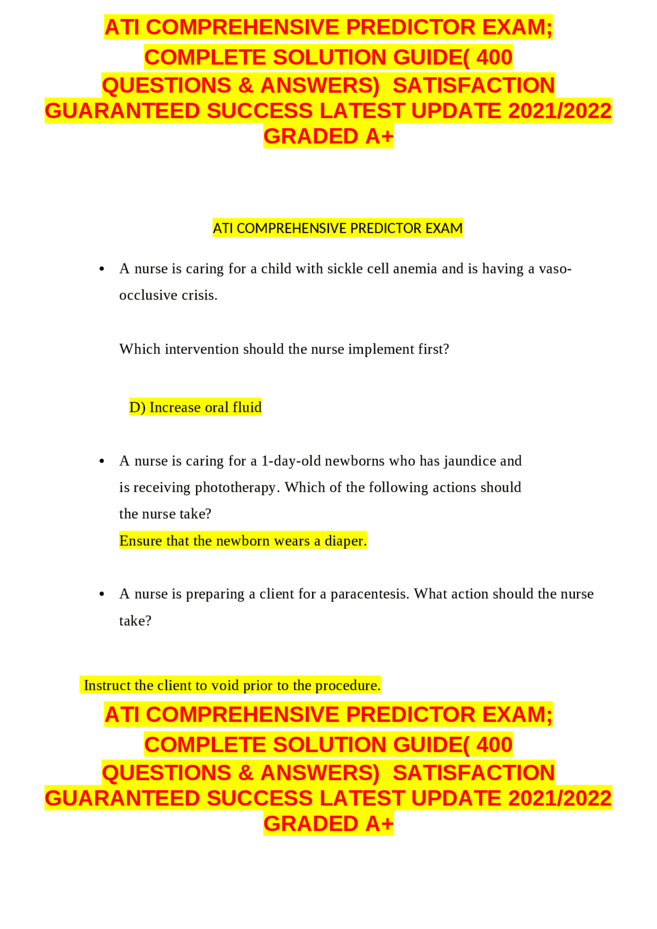 ATI COMPREHENSIVE PREDICTOR EXAM; COMPLETE SOLUTION GUIDE( 400 QUESTIONS & ANSWERS) SATIS ...