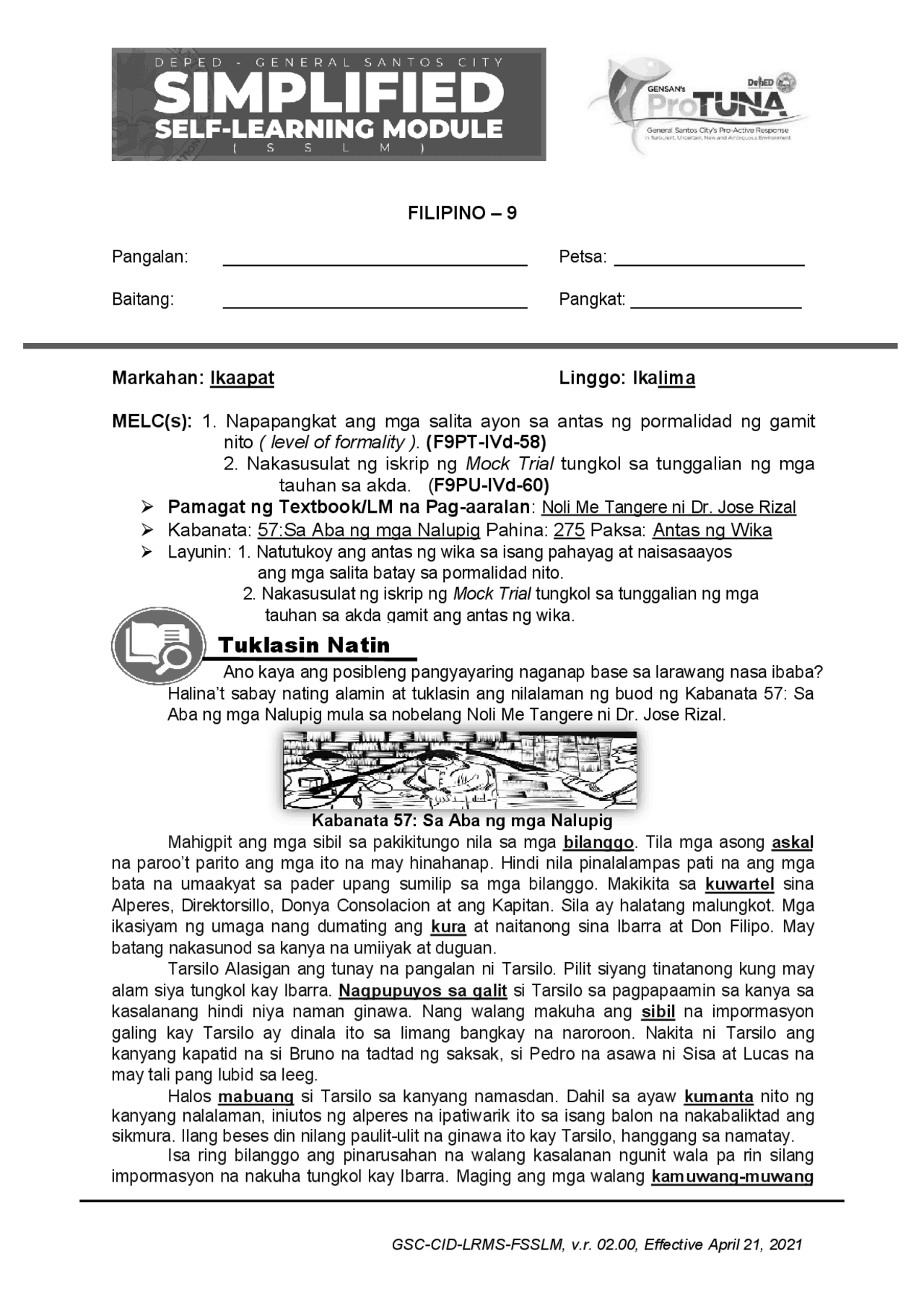 Module sa Filipino 9 - Ikaapat na Markahan taong 2021-2022 ...