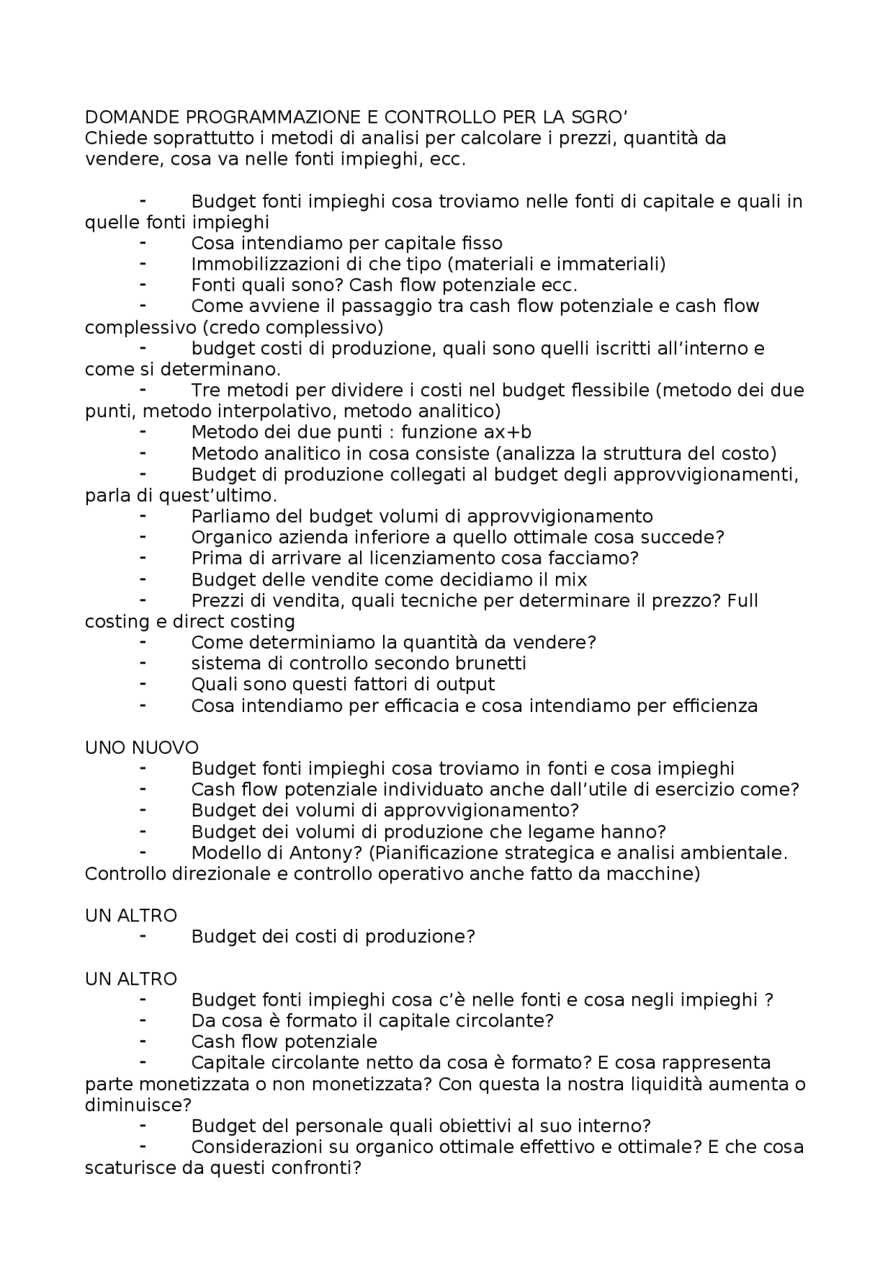 Domande prima parte Programmazione e controllo - Docsity