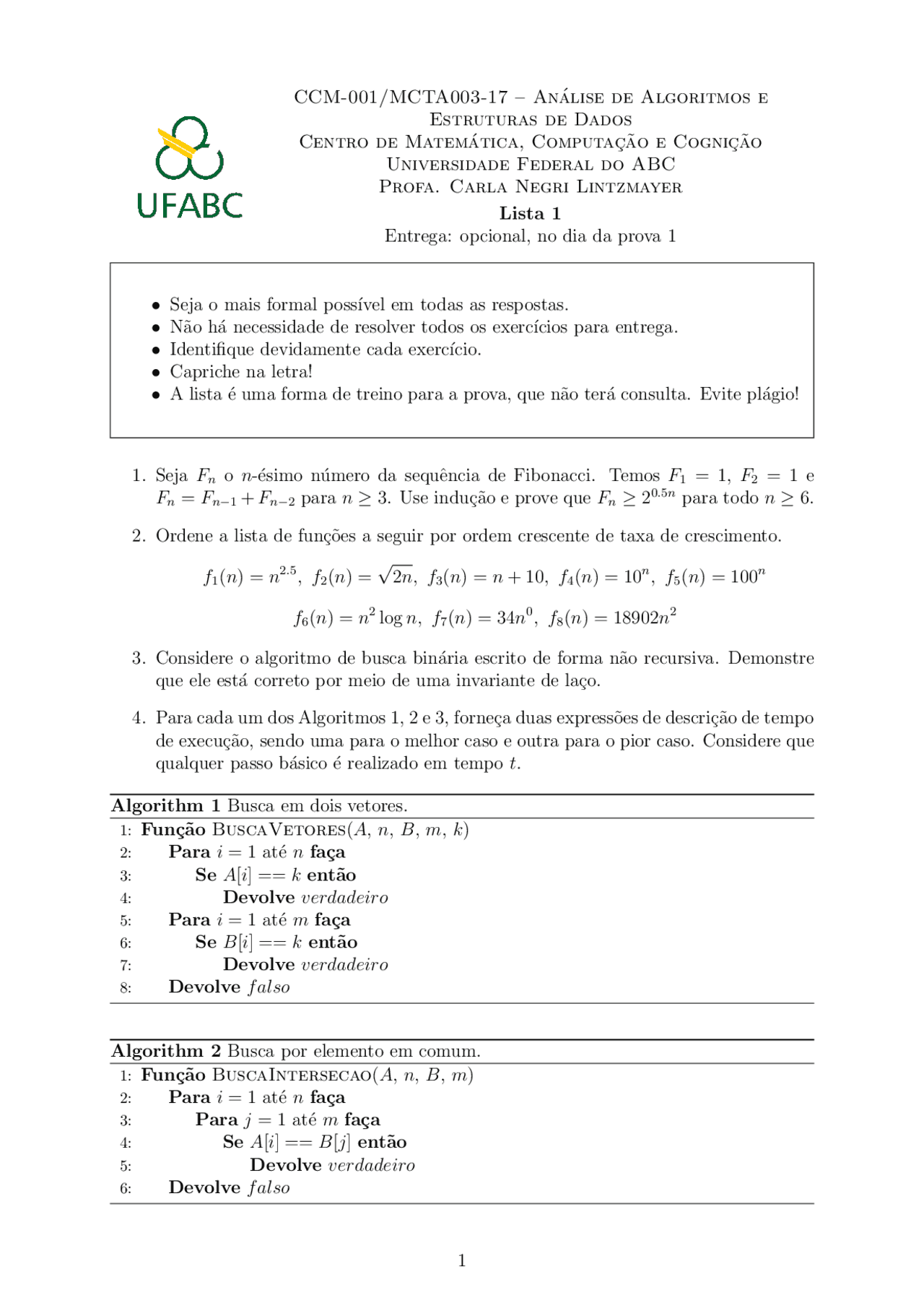 Lista 1 Analise De Algortitno Exercícios Algoritmos Docsity