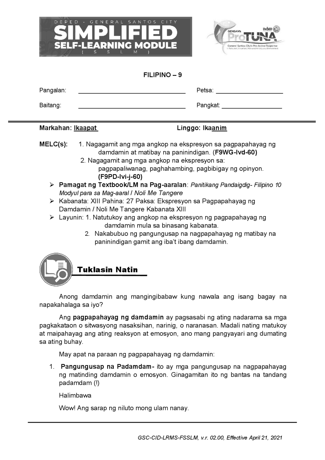 Module sa Filipino 9 - Ikaapat na Markahan taong 2021-2022 ...