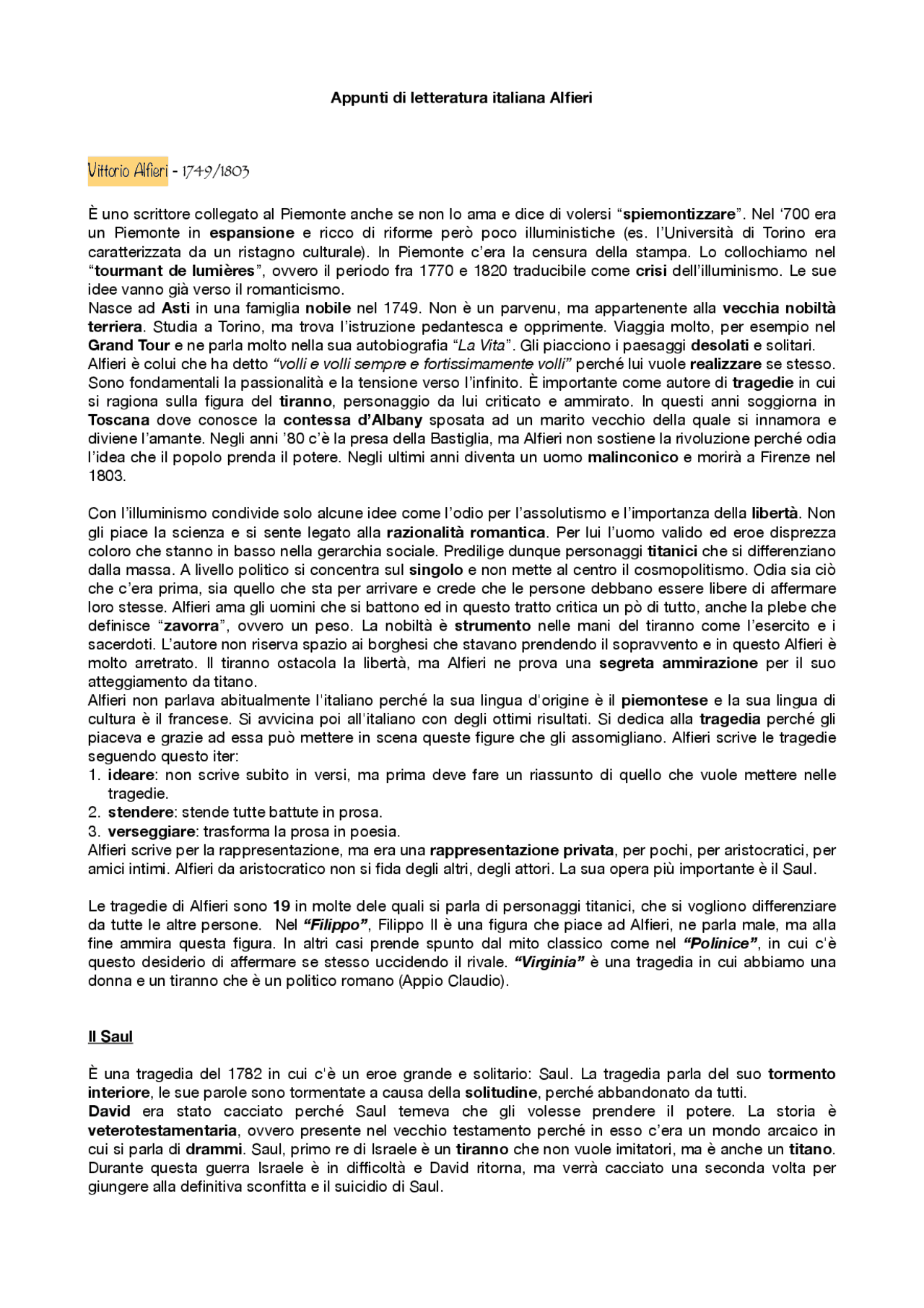 Vittorio Alfieri Vita E Opere Docsity